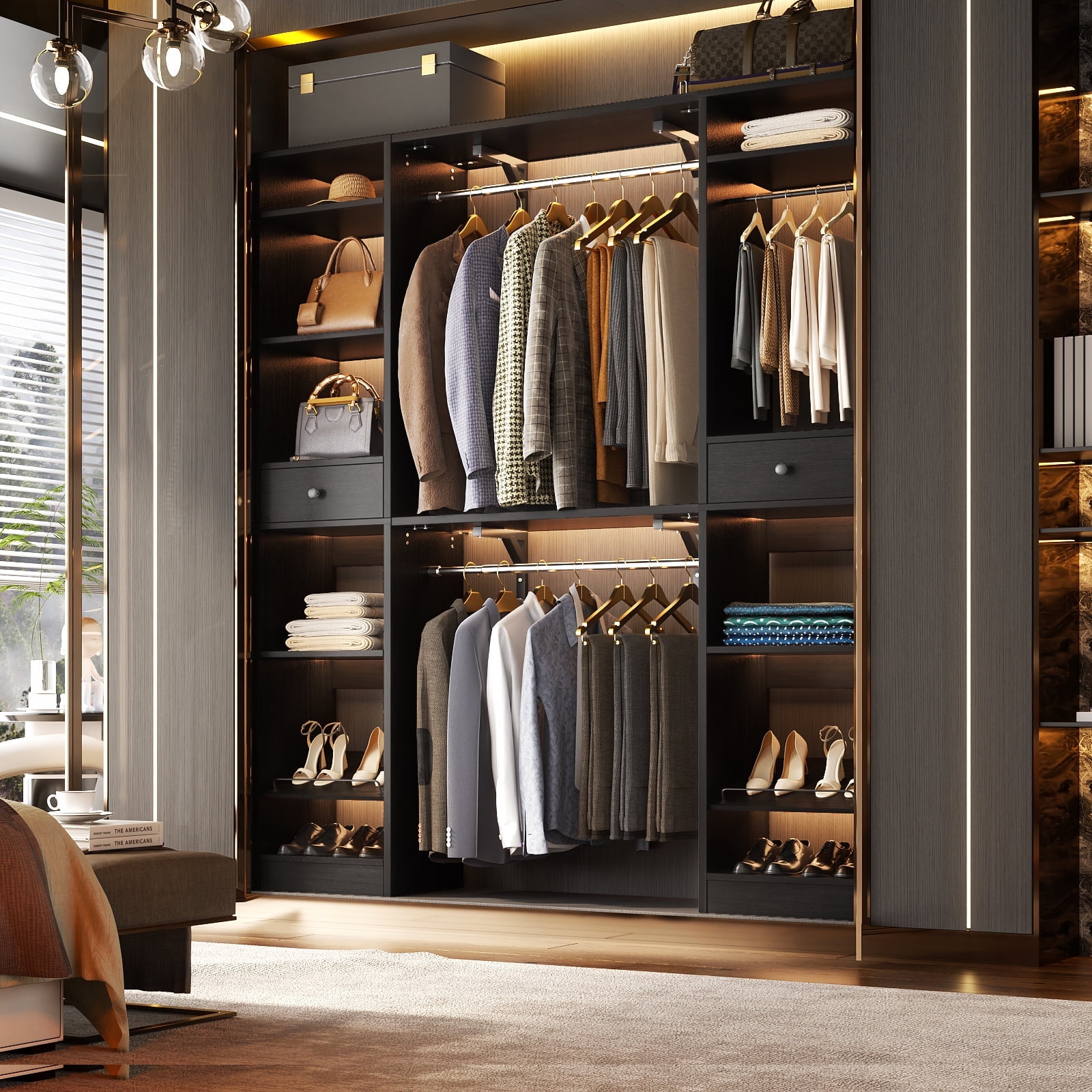 58" - 90" Walk-in Closet System - iSunirm Heavy Duty Closet Organizer ...