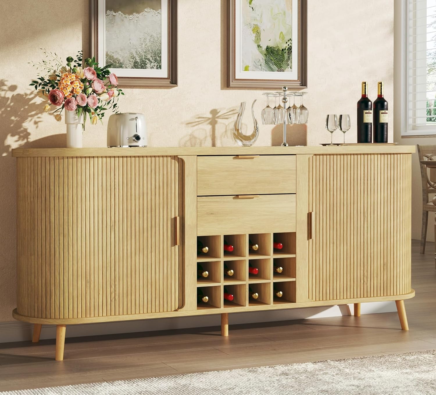 58" Buffet Cabinet with Storage, Fluted Wine Bar Cabinet with Drawers ...