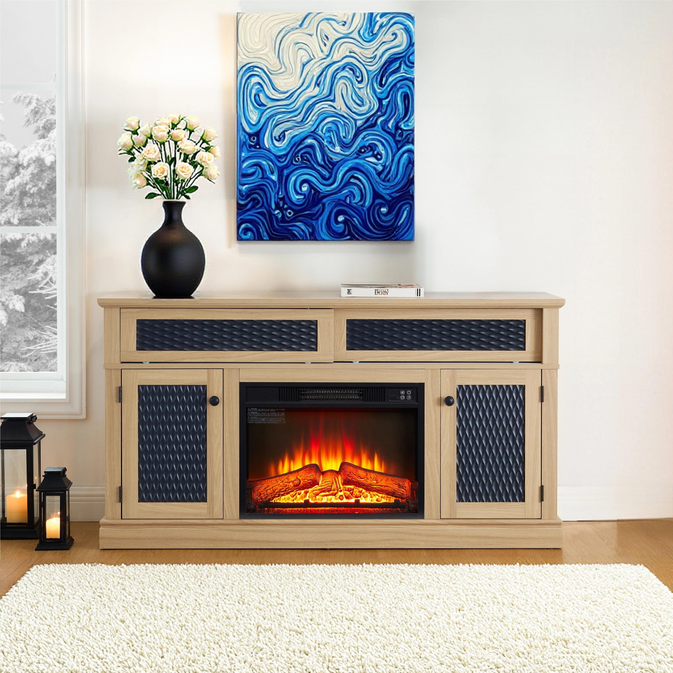 58" Embossed Pattern TV Stand with 23" Fireplace, Entertainment Center ...