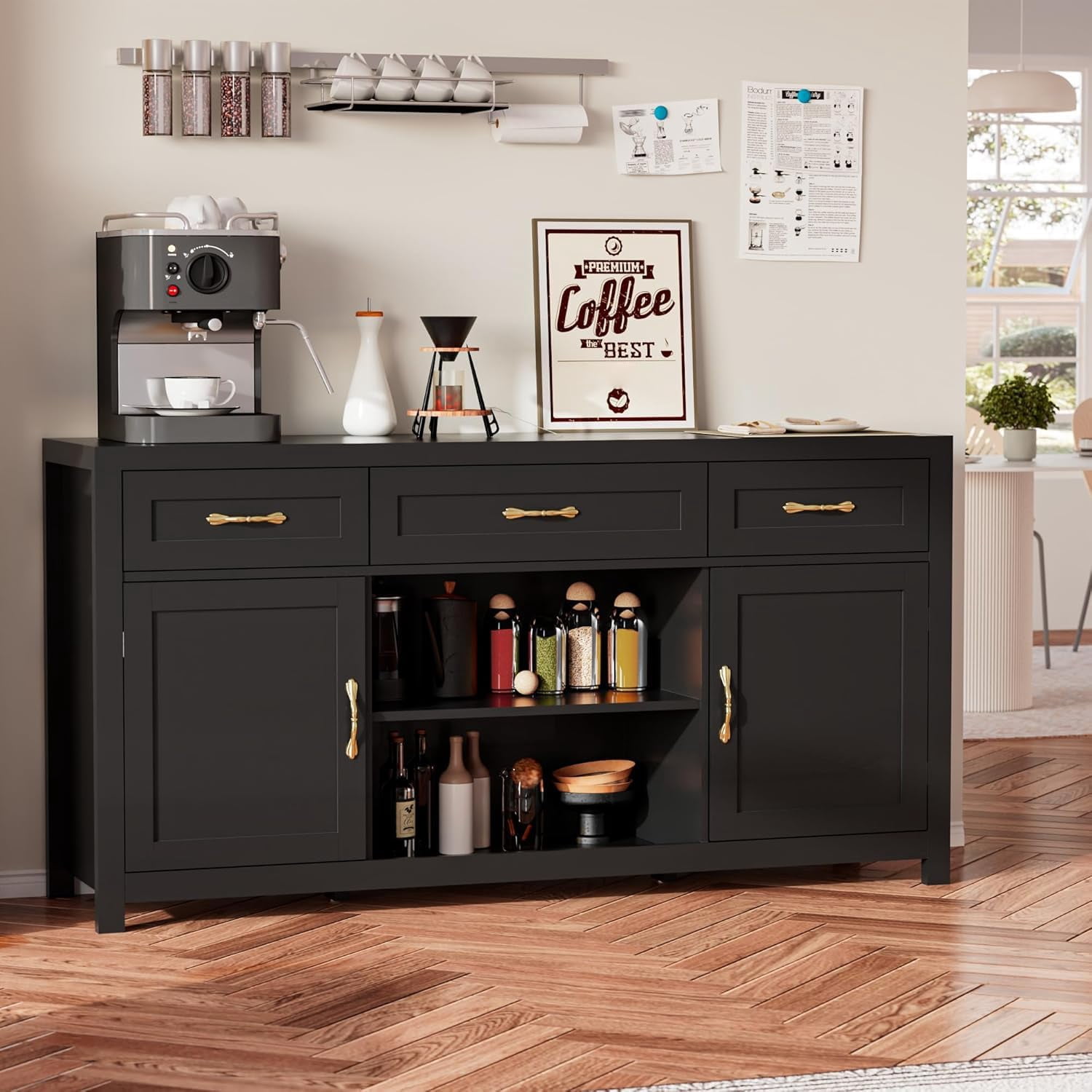 58" Farmhouse Buffet Cabinet with Storage, Coffee Bar with Drawers and ...