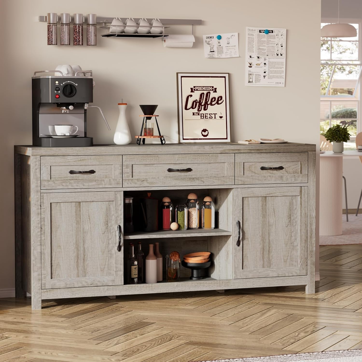 58" Farmhouse Buffet Cabinet with Storage, Coffee Bar with Drawers and ...