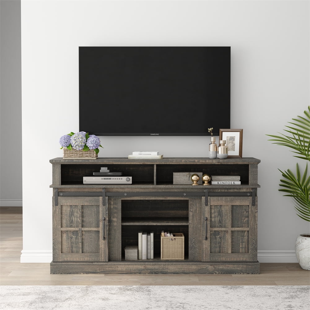 58" Farmhouse TV Stand for 59 Inches TVs, Entertainment Center With Sliding Doors, Storage ...