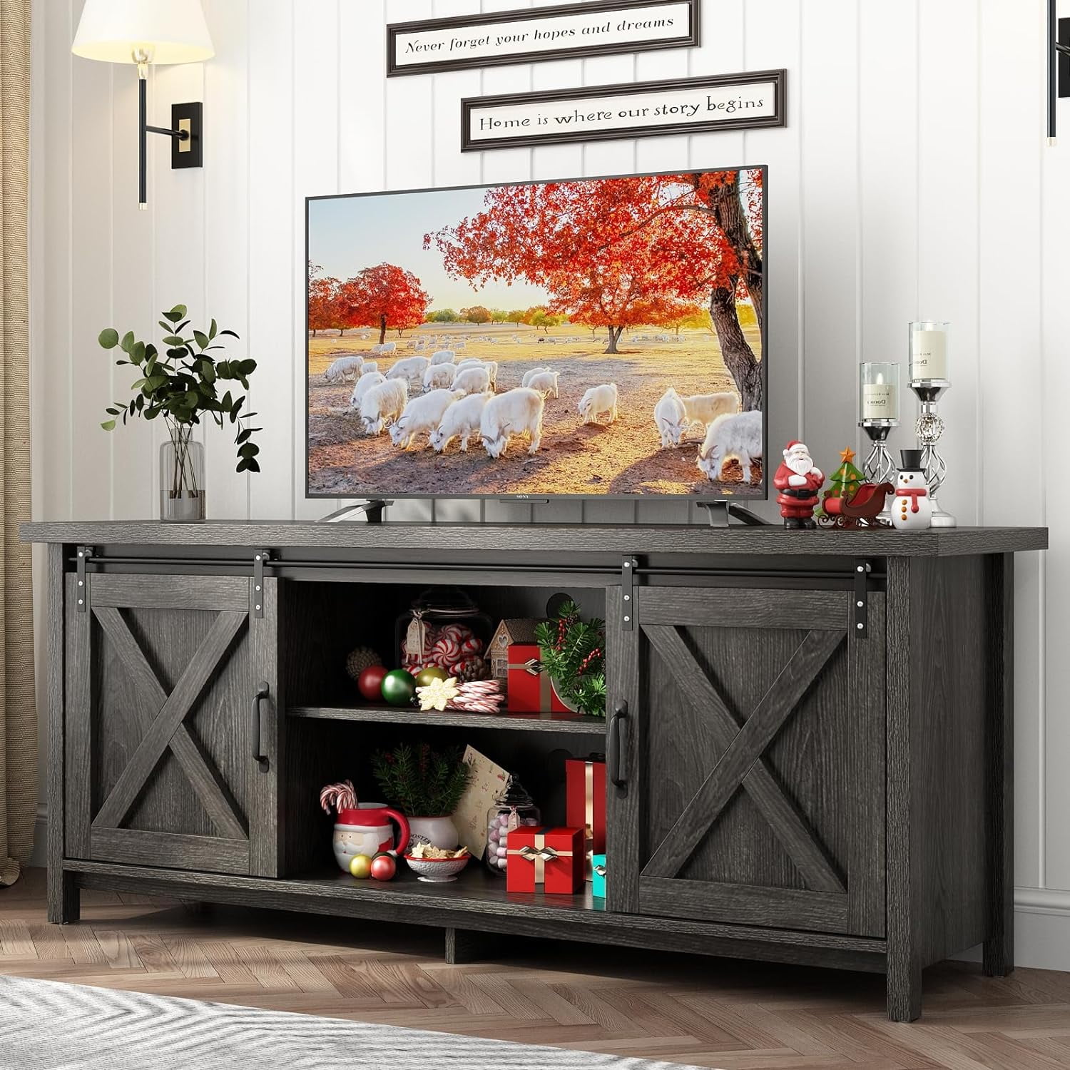 58" Farmhouse TV Stands for 55 60 70 inch TV w/Adjustable Shelves ...