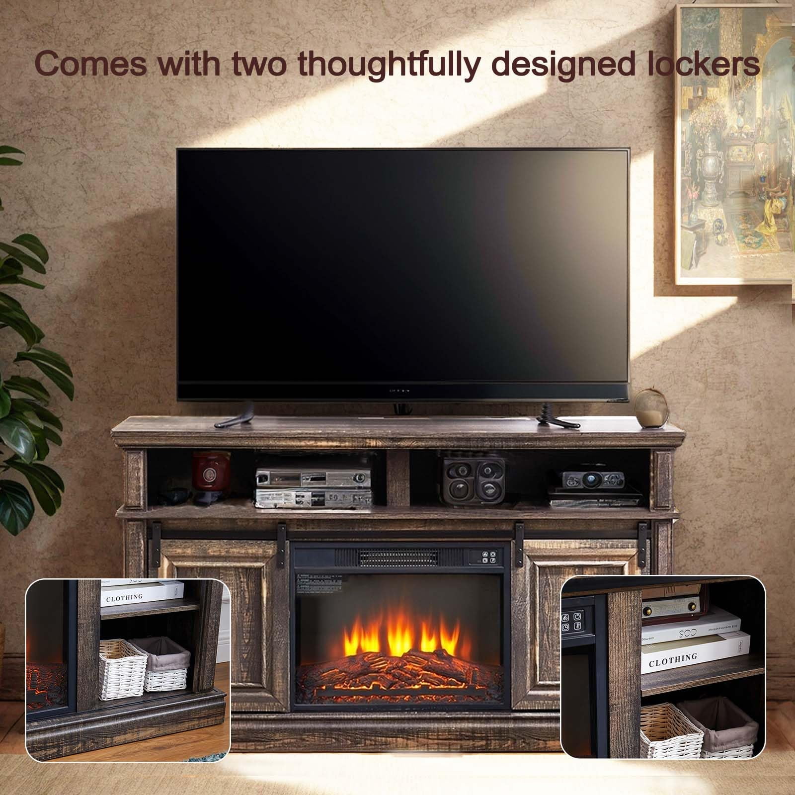 58” Fireplace TV Stand,Electric Fireplace TV Stand with Sliding Door, Fireplace Entertainment ...