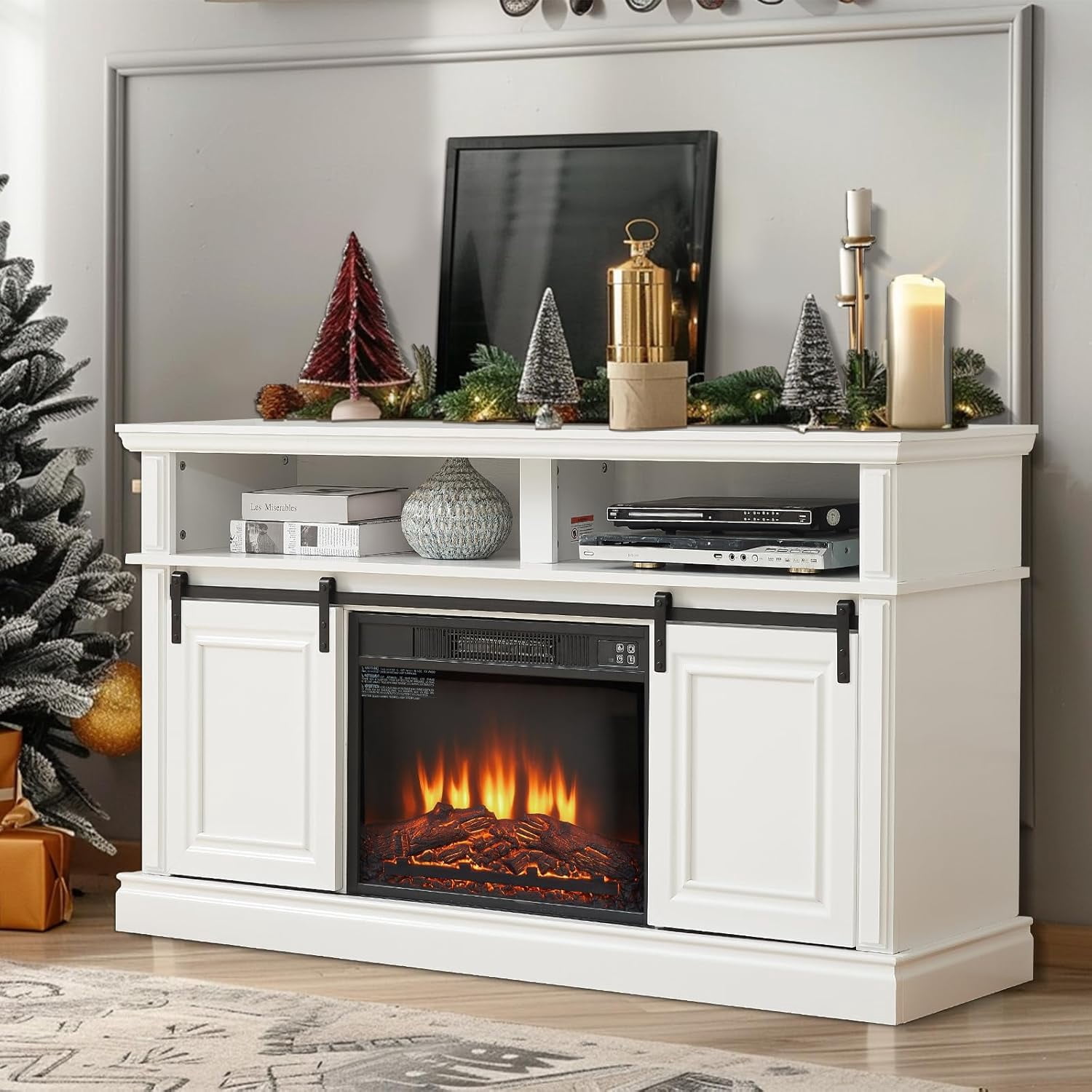58” Fireplace TV Stand,Electric Fireplace TV Stand with Sliding Door ...