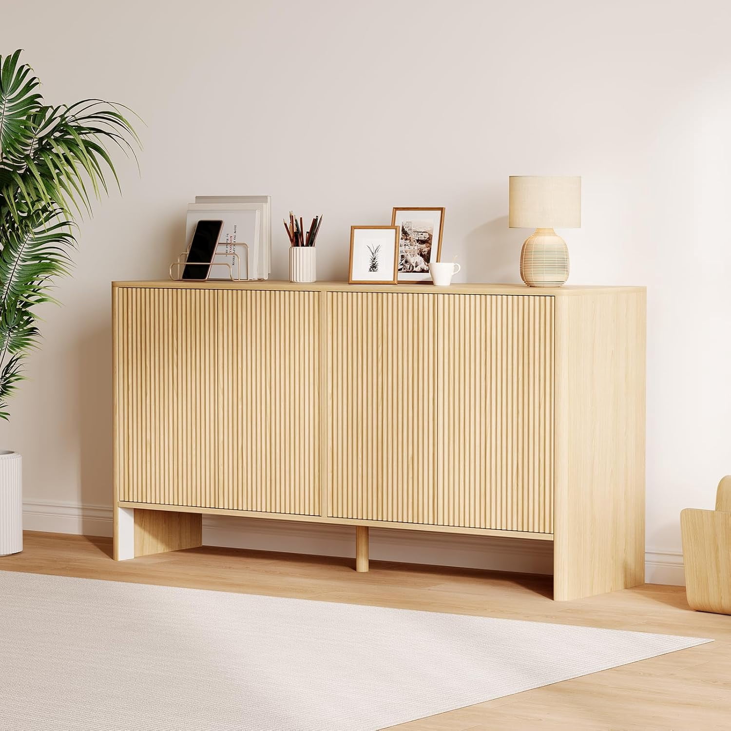 58" Fluted Oak Sideboard Buffet Cabinet with 4 Doors, Adjustable ...