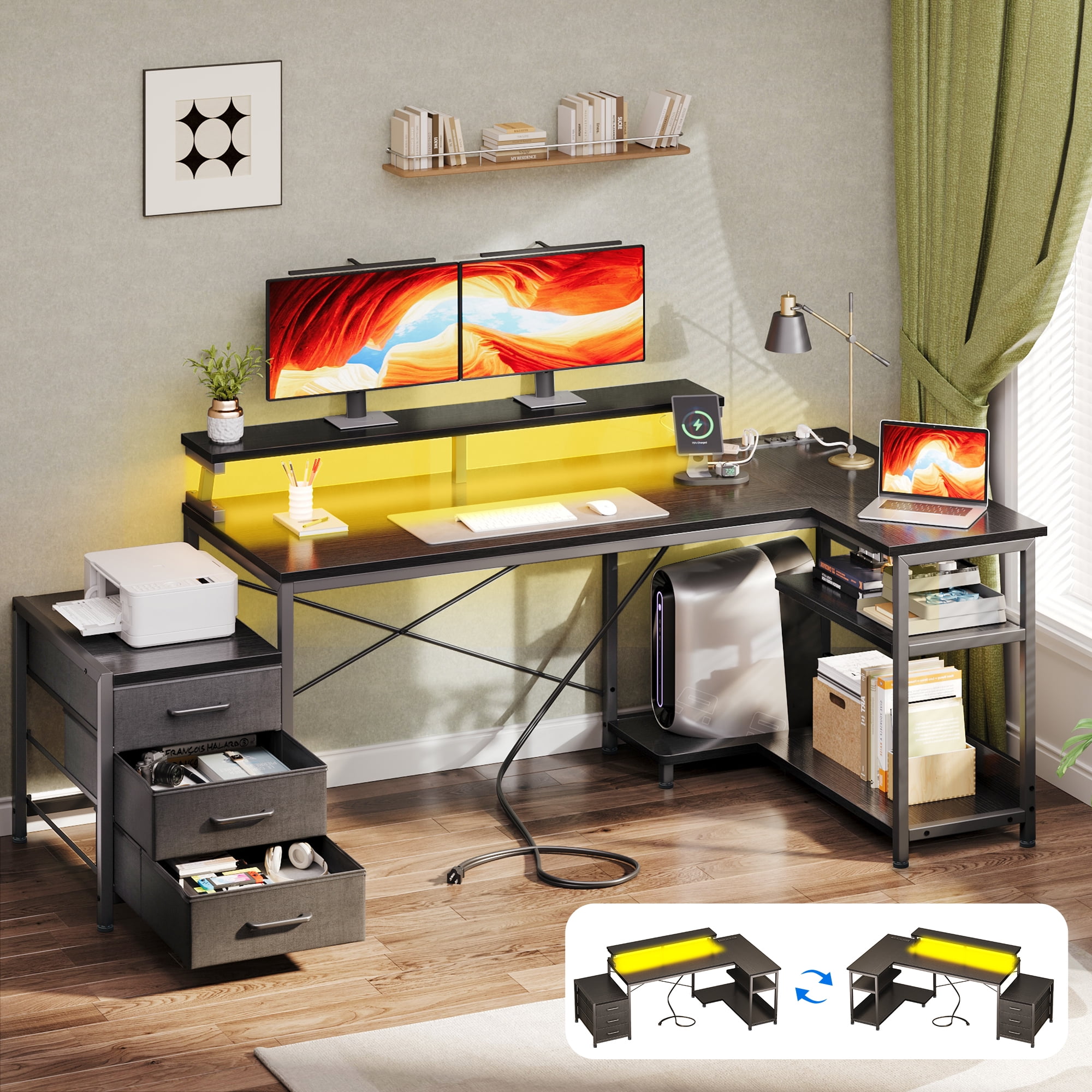 KKL LED Power Outlet Reversible L Shaped Office Desk with 3 Drawers and Shelves, Black - Walmart.com