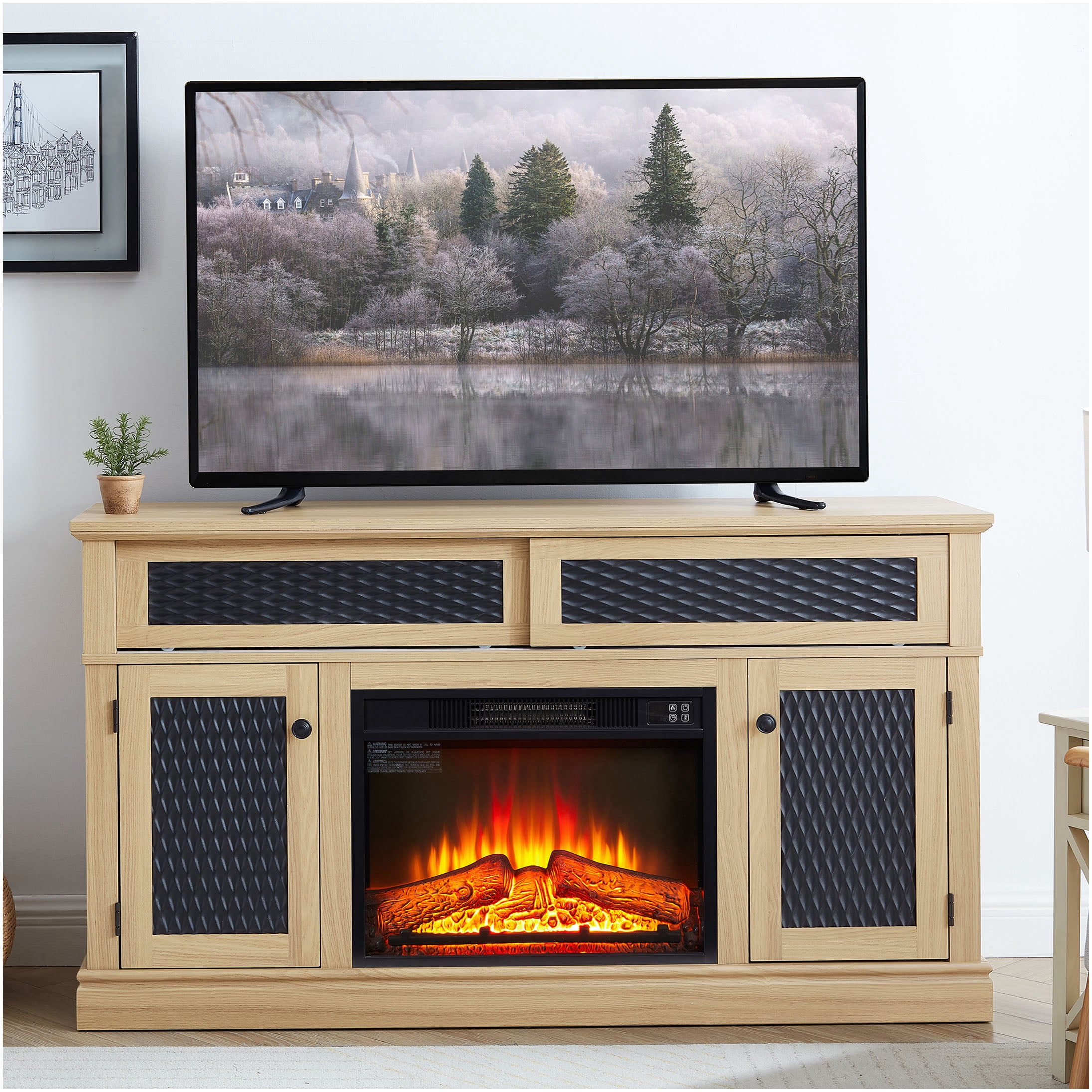 58" Light Oak TV Stand with Fireplace, Embossed Media Console with ...