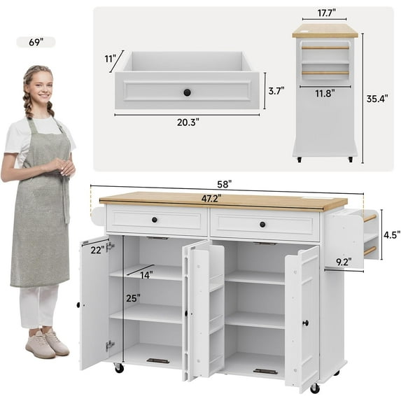 58" Mobile Kitchen Island, Kitchen Island Cart with Power Outlet ...