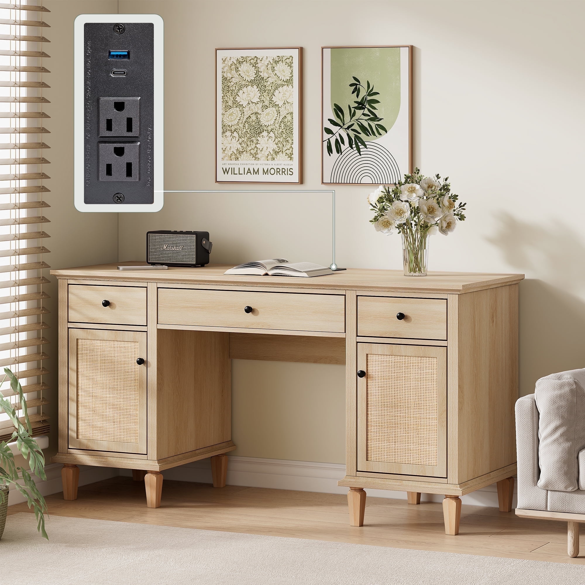 Brafb 3-Drawer Rattan Writing Desk with Storage Shelf & Power Outlets ...