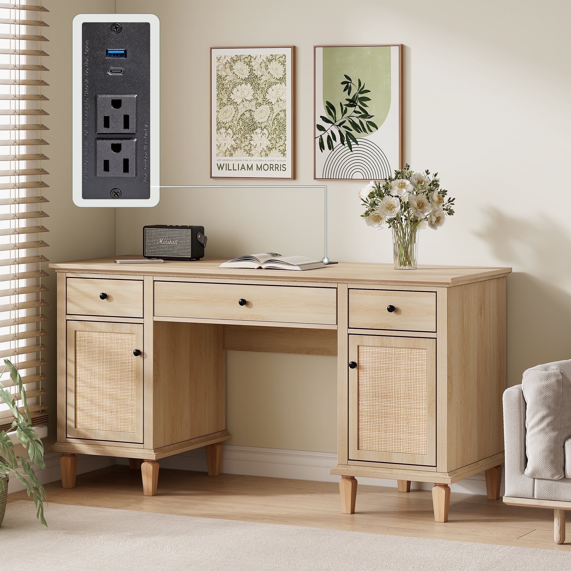 Brafab 3-Drawer Rattan Writing Desk with Storage Shelf & Power Outlets ...