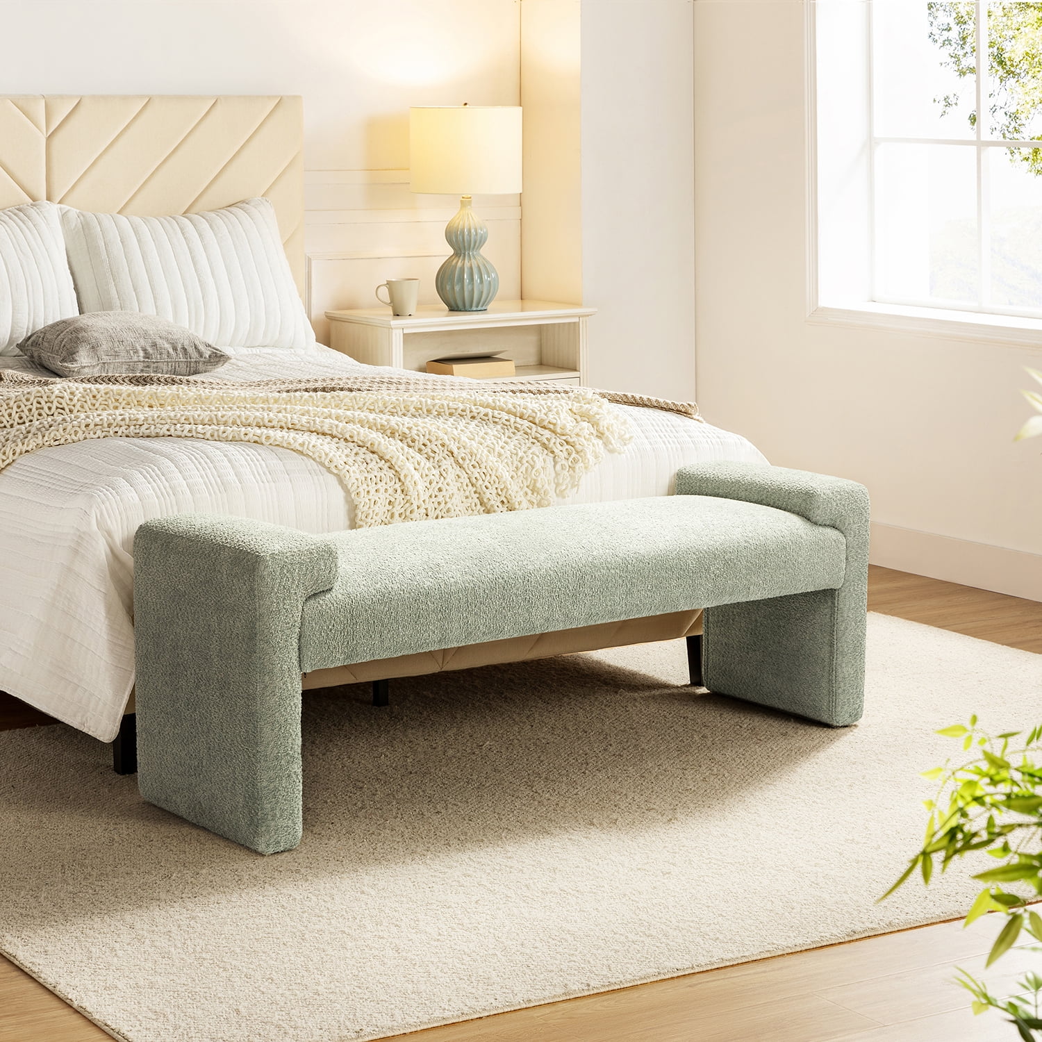 58 Ottoman Bench Upholstered Chenille Fabric Bed End Foot Stool Accent