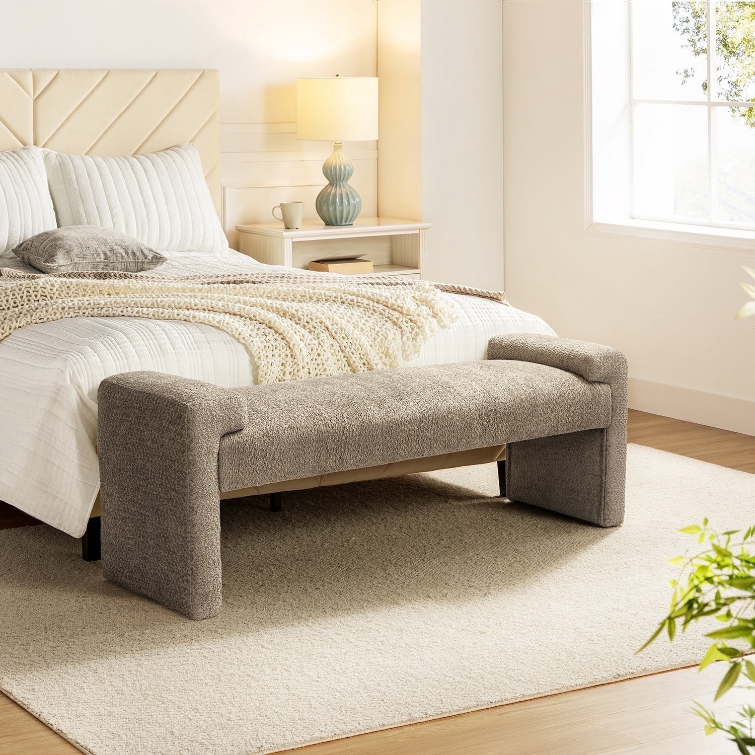 Bauhaus 58" Long End Grey Ottoman Bench, Upholstered Chenille Fabric ...