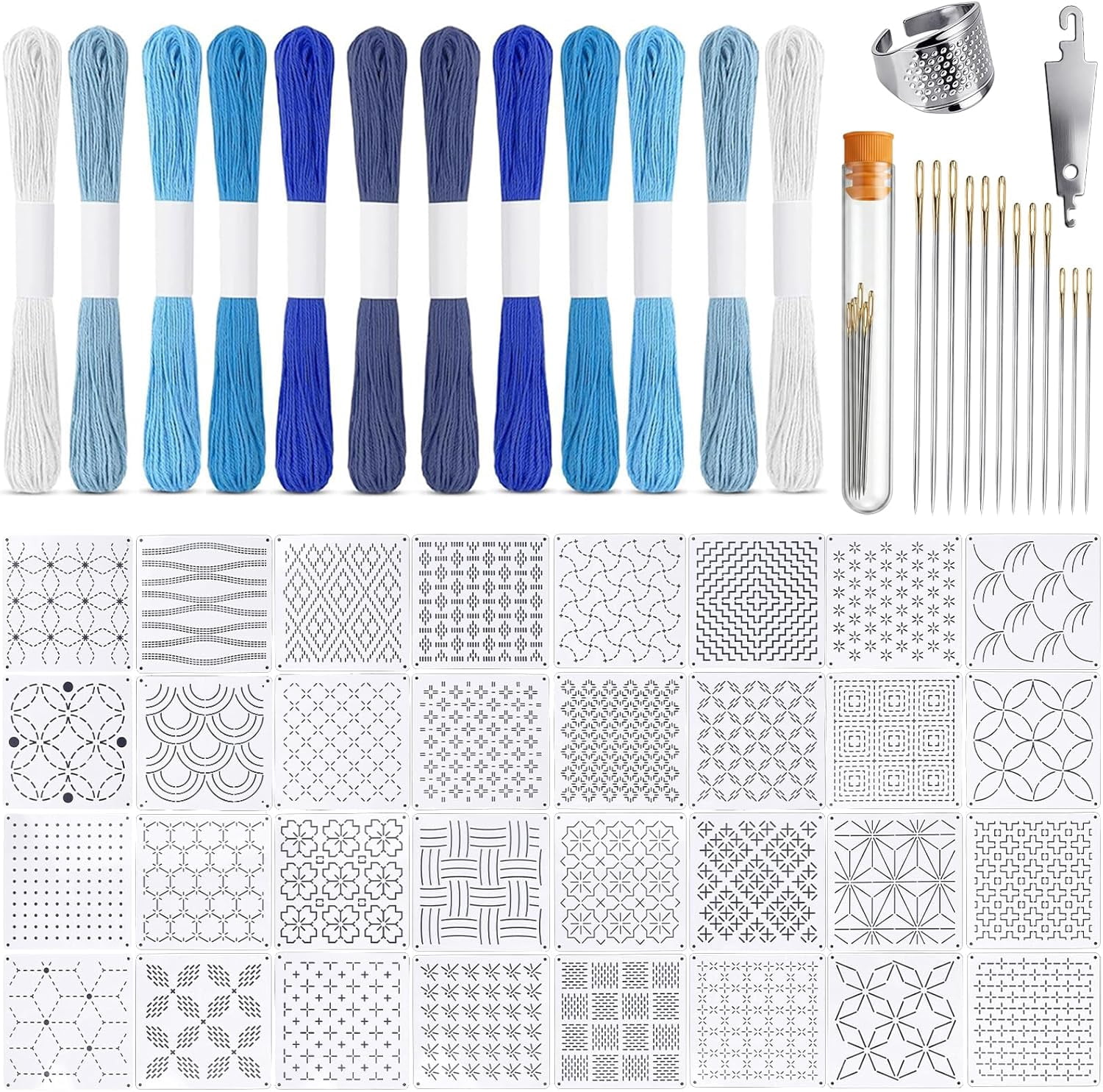 58 Pcs Sashiko Thread Kit with Plastic Sashiko Stencil, Thimble and ...