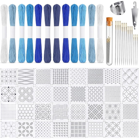 58 Pcs Sashiko Thread Kit with Plastic Sashiko Stencil, Thimble and ...