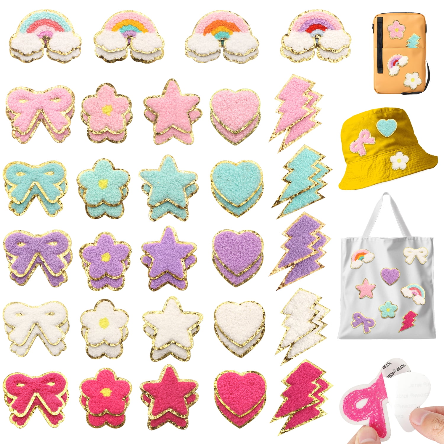 58 Pcs Self-Adhesive Gold-Edged Chenille Patches, Cute Rainbow Bow ...