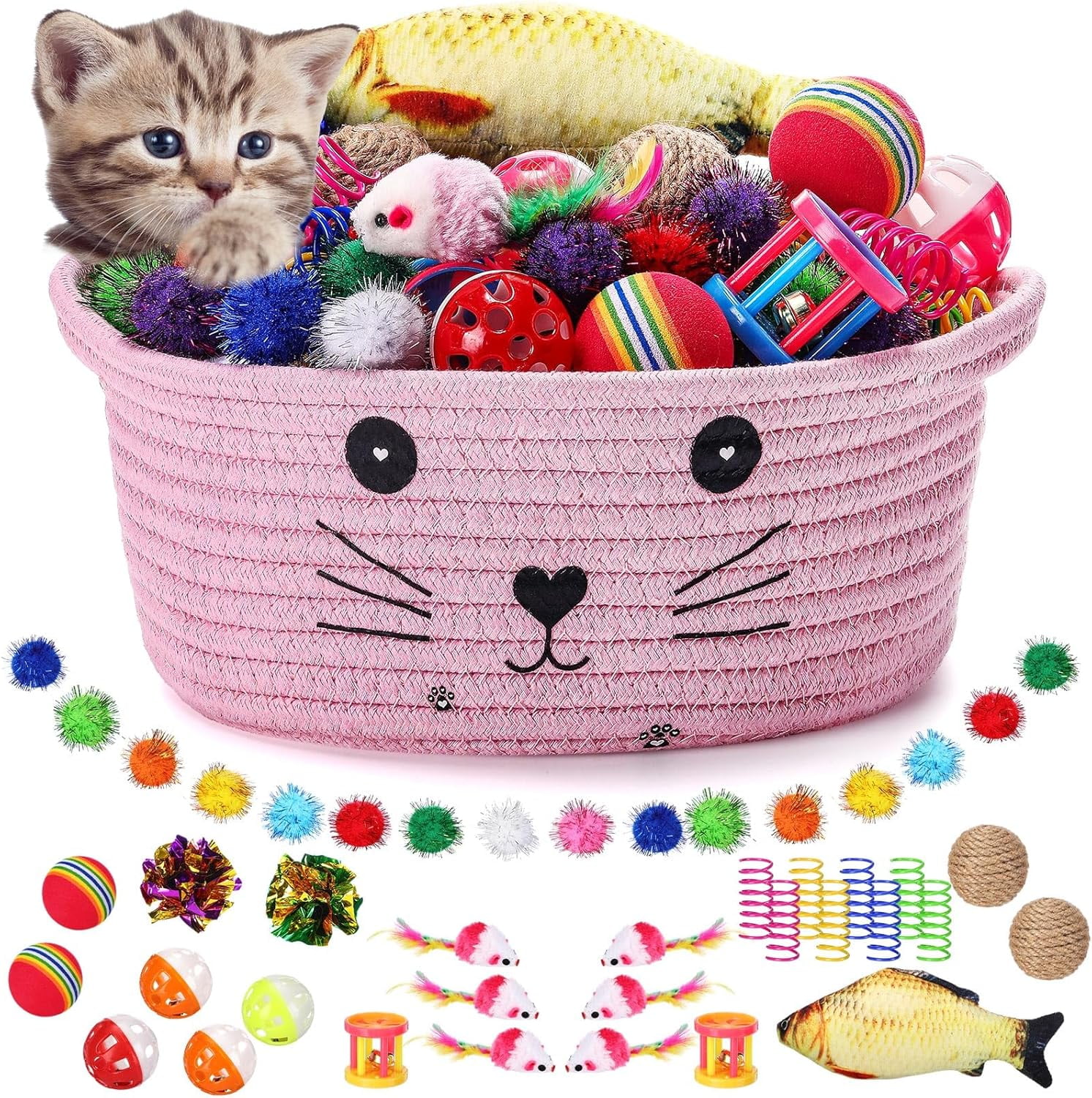 58 Pcs Storage Basket Gift Toys Set, Colorful Flashing Balls Pet Bell ...