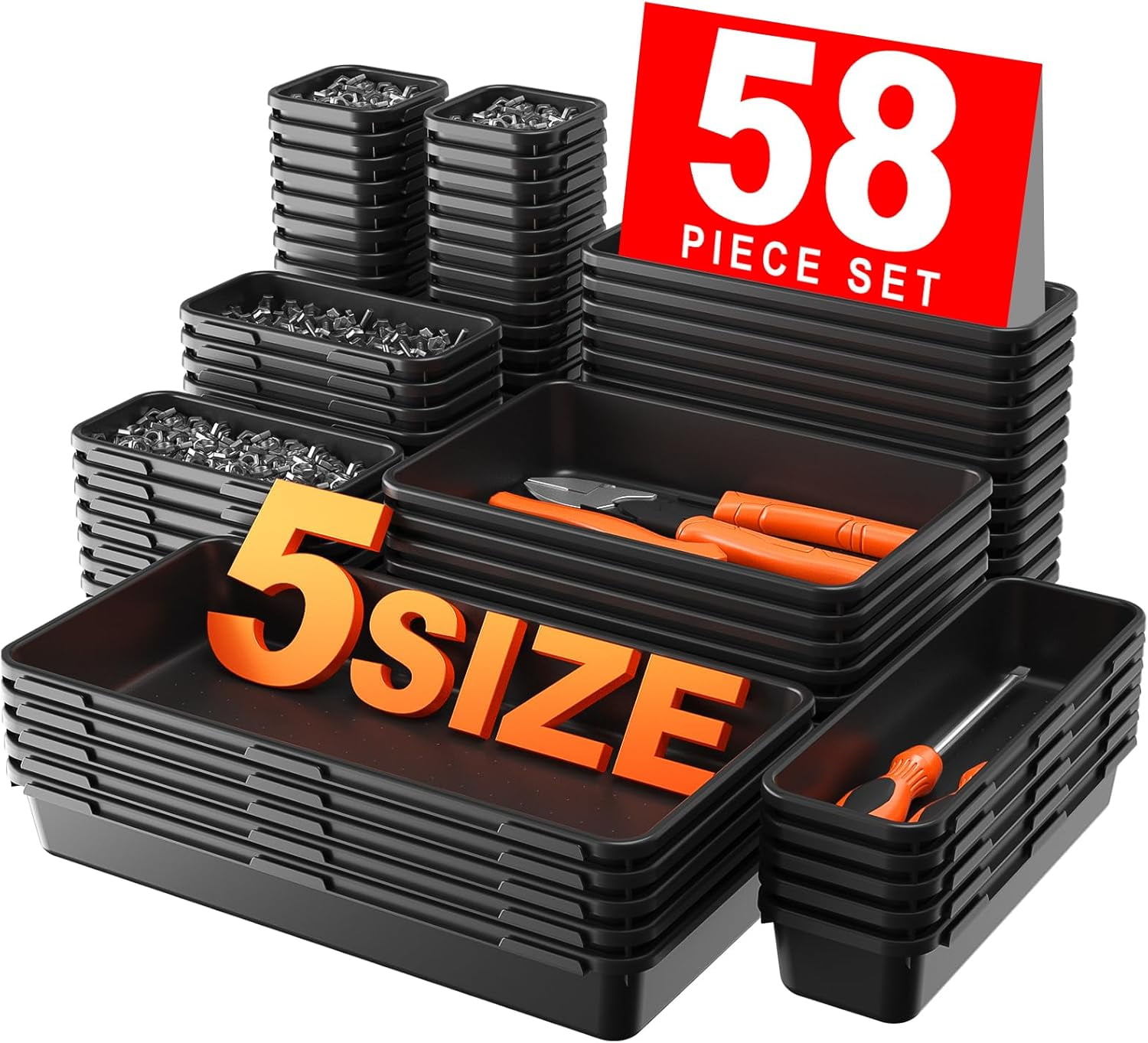 58-Piece Tool Box Organizer Set – 5 Sizes, Black Drawer and Toolbox ...