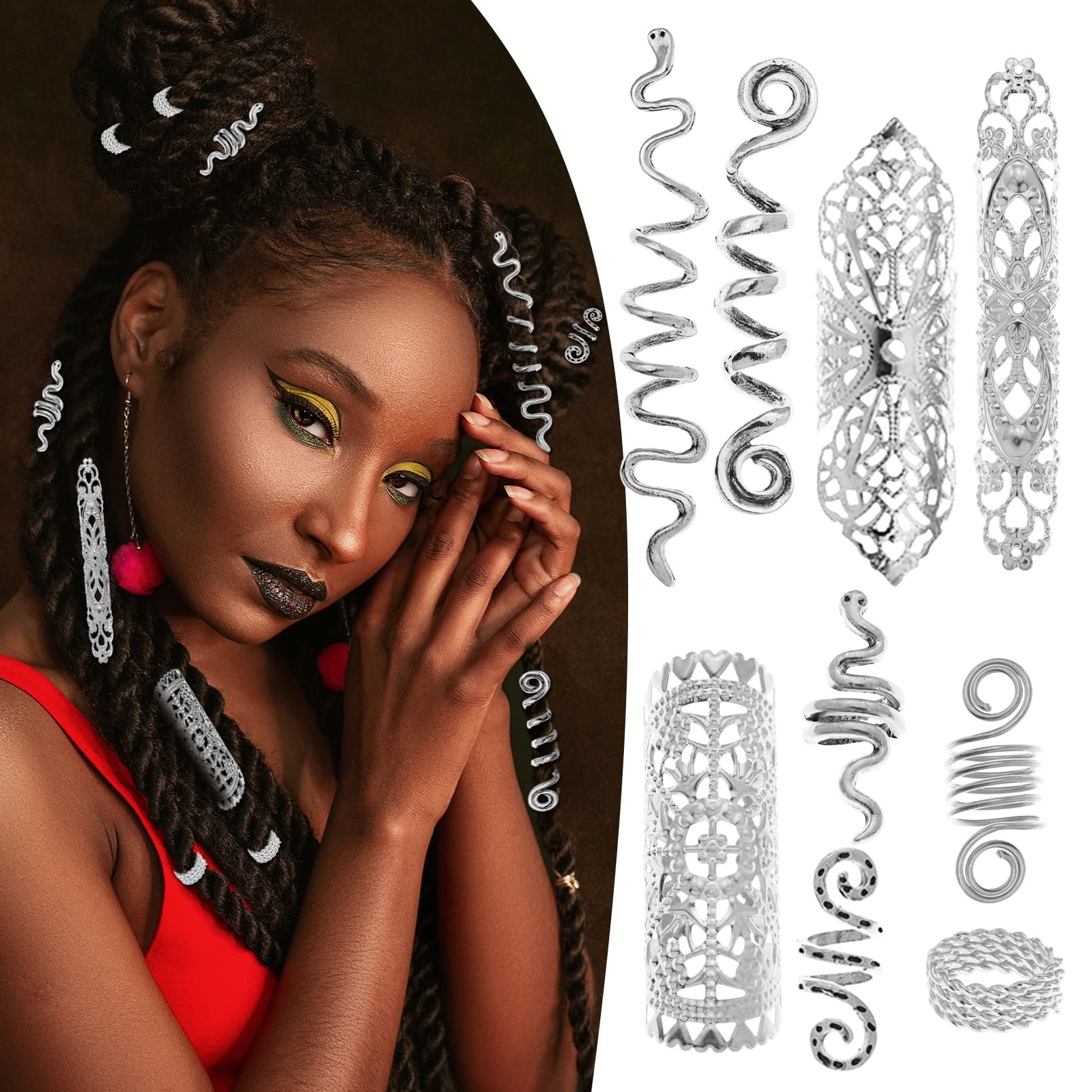 58 Pieces Hair Braids Dread Locs Jewelry Long Snake Swirl Filigree ...