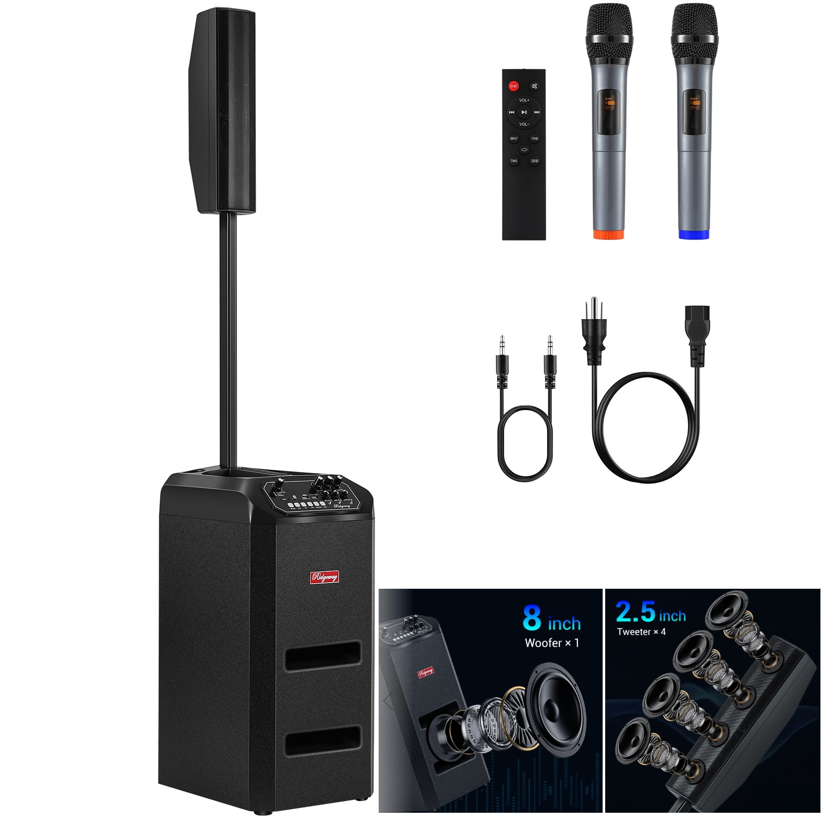 58" Portable Bluetooth Line Array Speaker with 2 Wireless Mic Karaoke ...