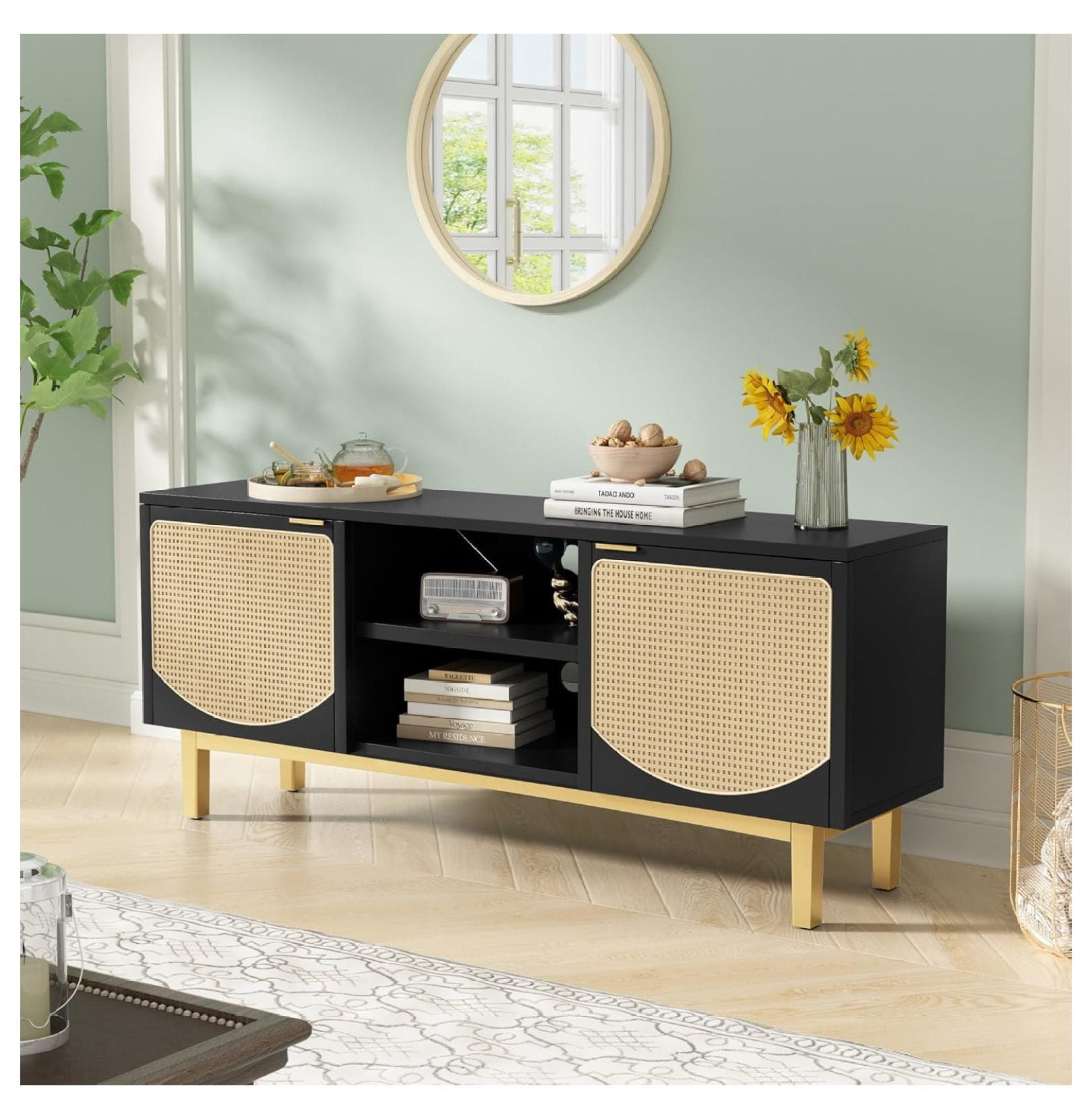 58”Rattan TV Stand, Century Modern TV Stand for 55/60/65 inch TV, Boho ...