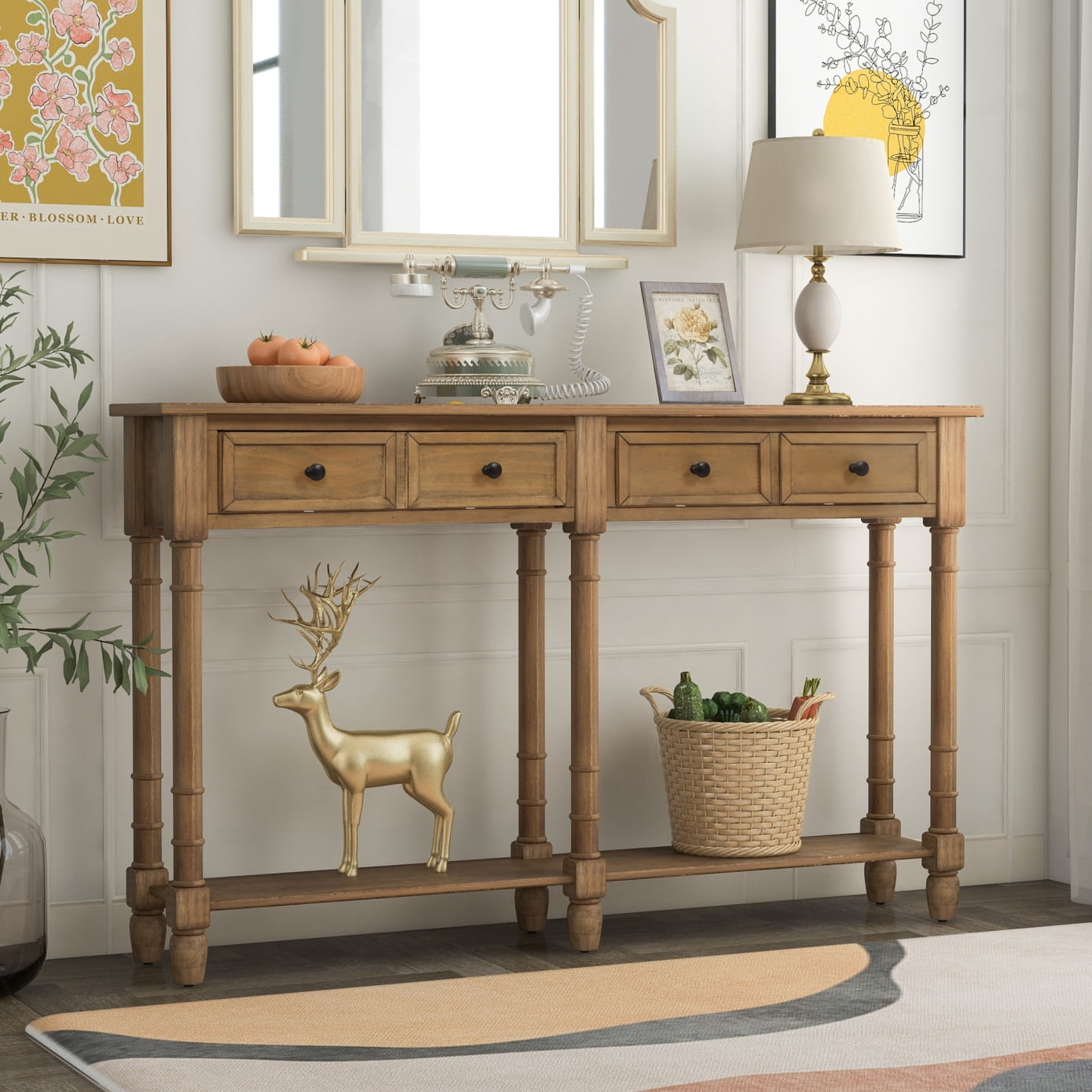 58“ Rustic Entryway Console Table with Two Storage Drawers and Bottom ...