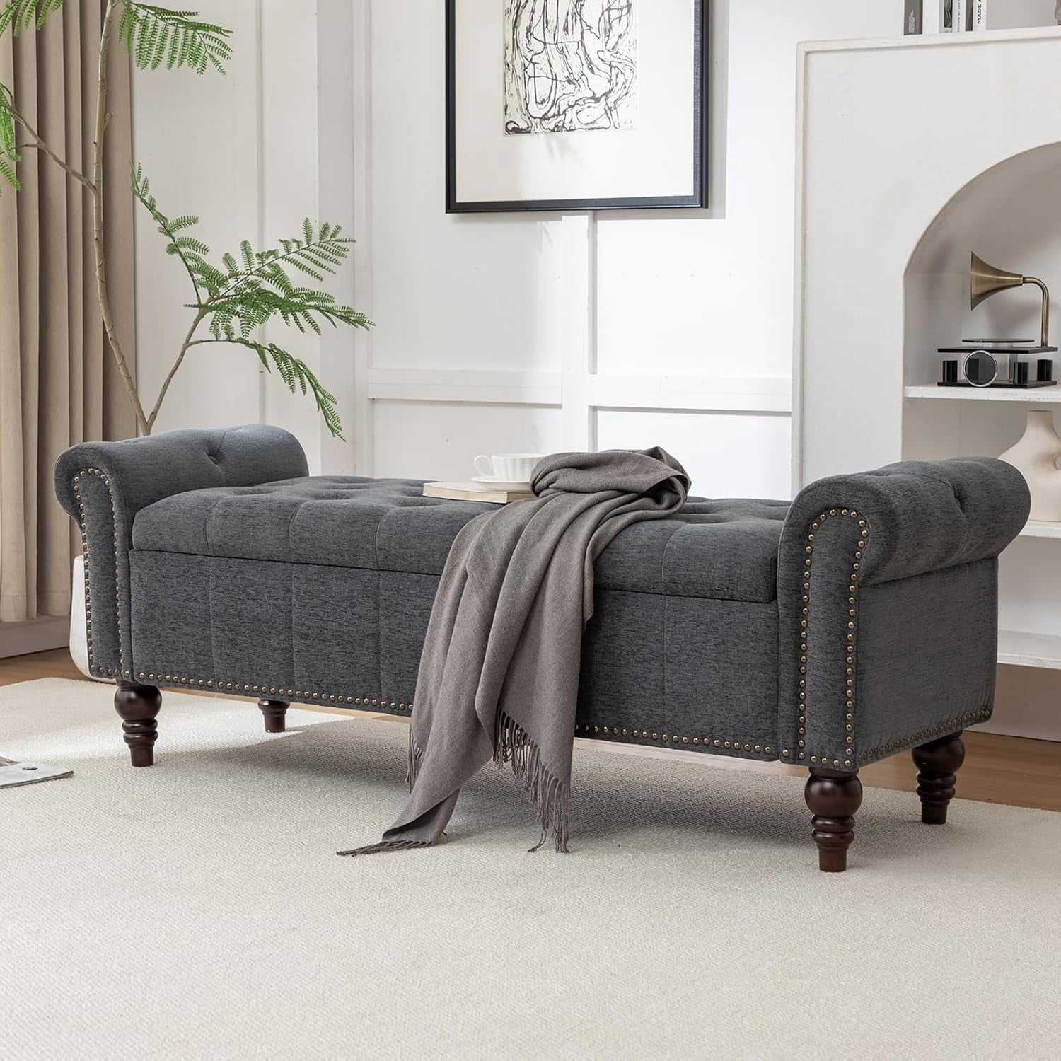 58’’ Storage Bench for Bedroom, Upholstered Button-Tufted Ottoman with ...