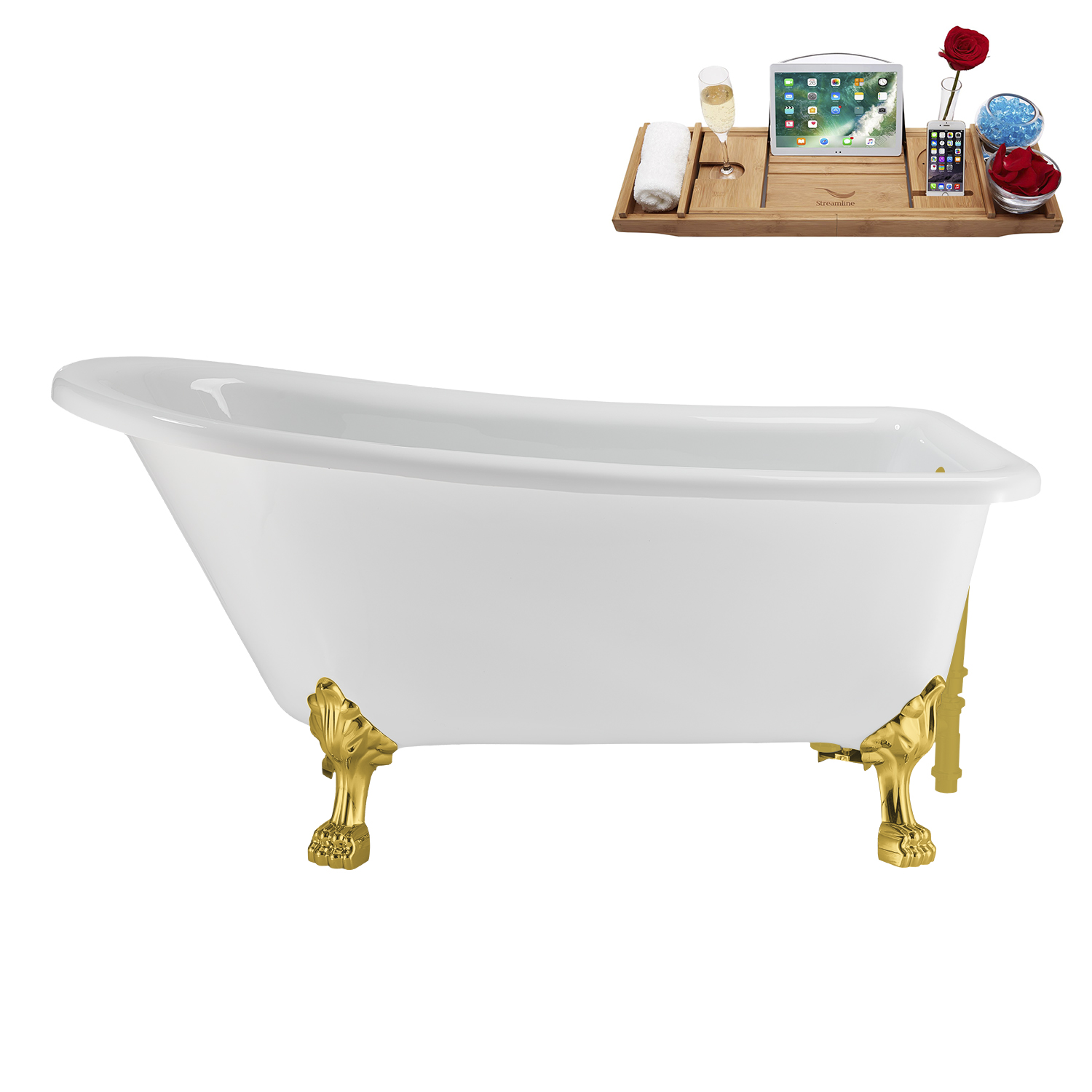 58" Streamline N4860GLD-BGL Soaking Clawfoot Tub and Tray With External ...
