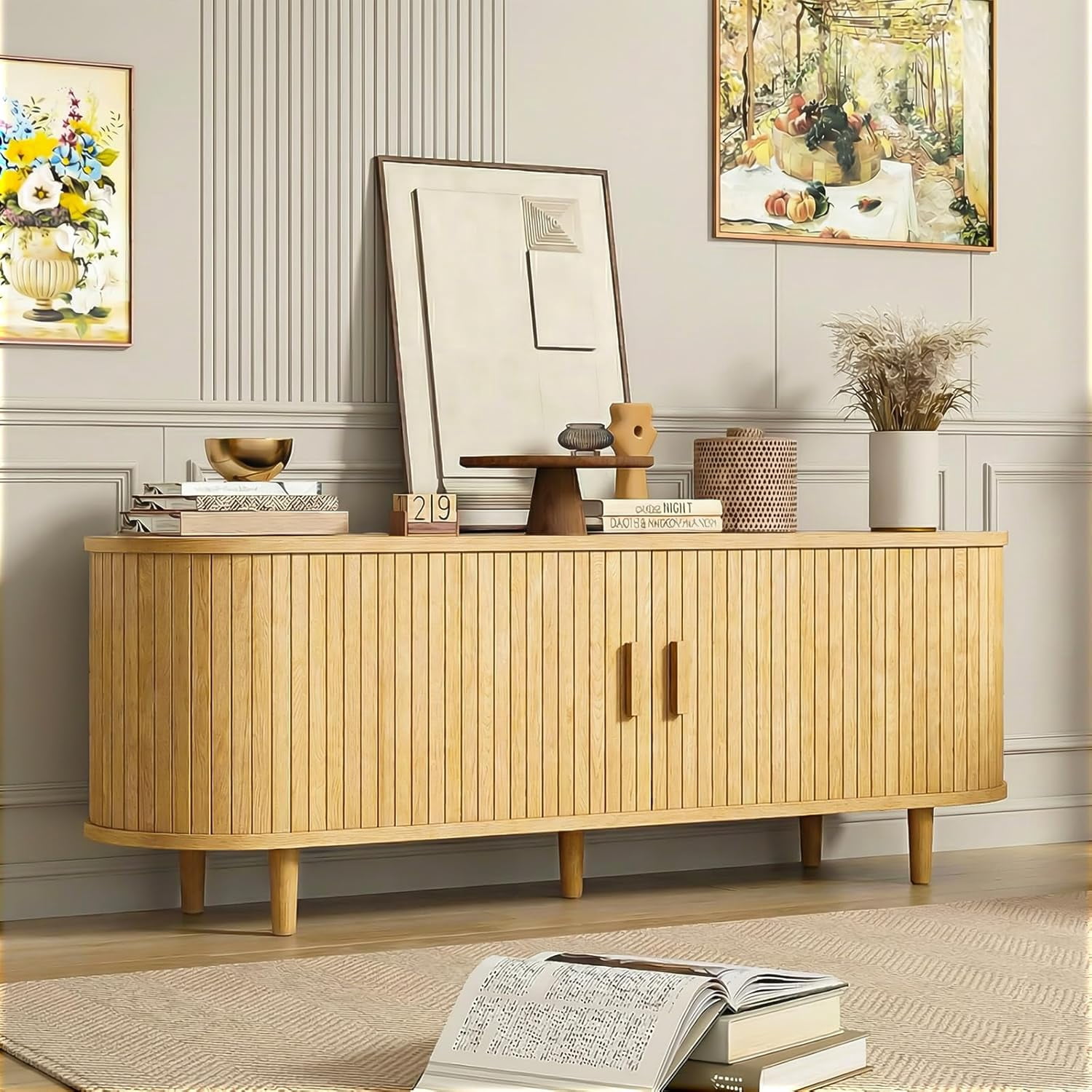 58" TV Stand with Sliding Doors, Mid-Century Modern TV Consoles with ...