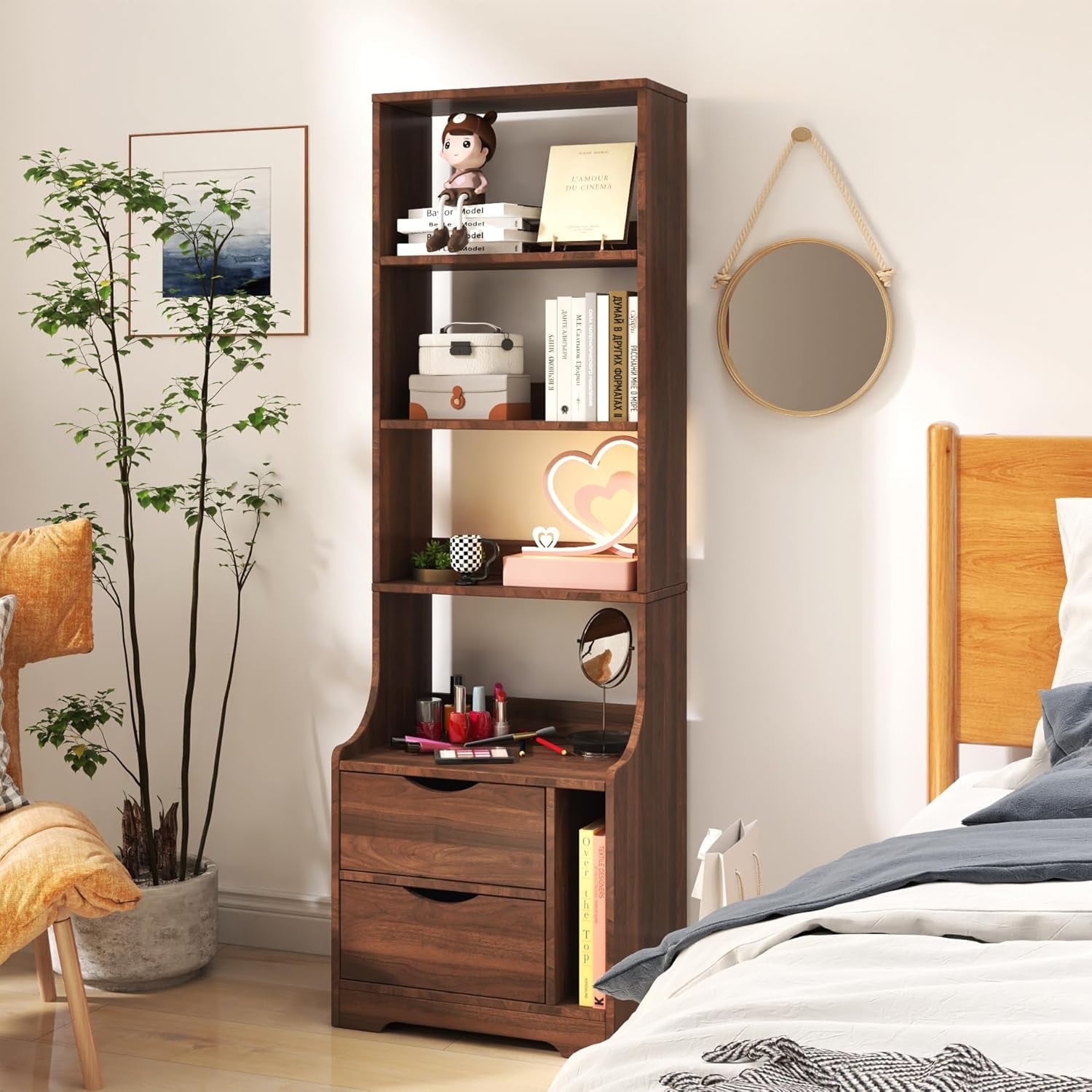 58" Tall Nightstand with Bookshelf Walnut Night Stand with 2 Storage ...