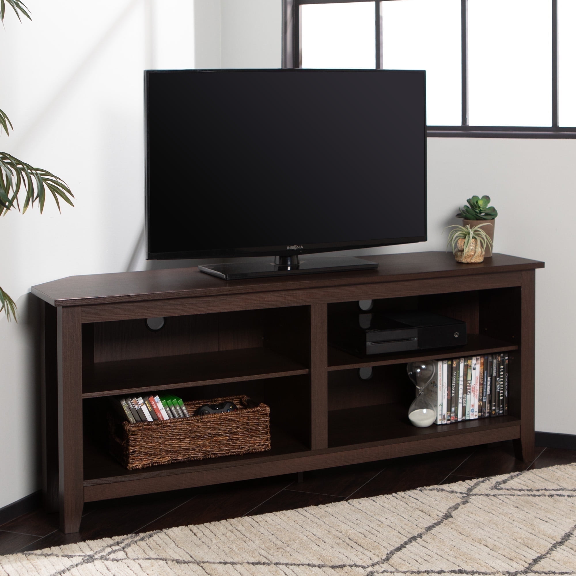 Walker Edison Woven Paths Farmhouse Corner TV Stand, Espresso, for TVs ...