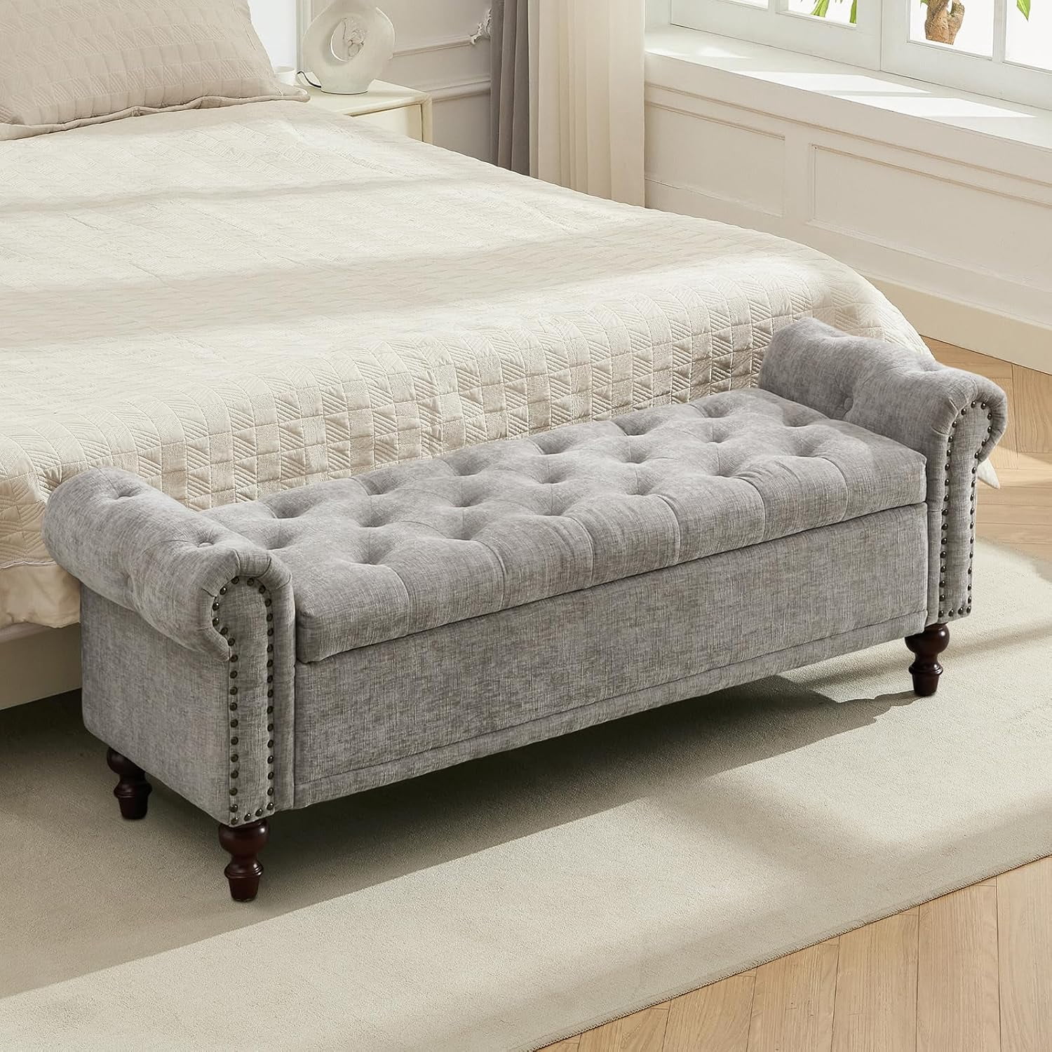 58'' Upholstered Storage Bench for Bedroom, Chenille End of Bed Storage ...