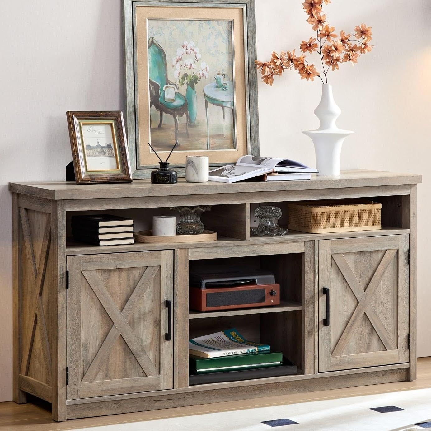 58" W Barn Door TV Stand, Farmhouse Entertainment Center for TV Up to ...