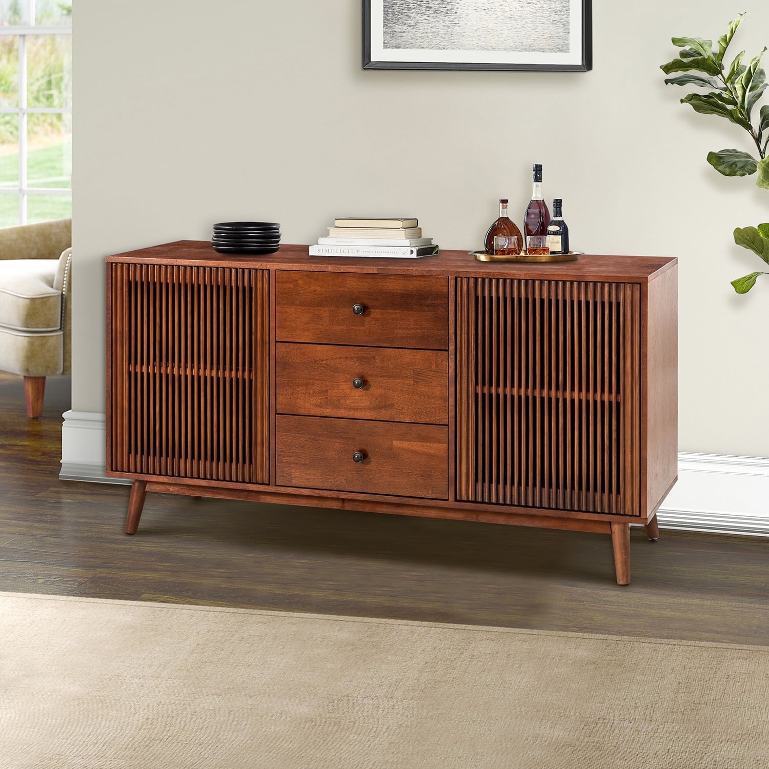 58 Wide 3 Drawer Sideboard Wooden Credenza Storage Cabinet Buffet Walnut