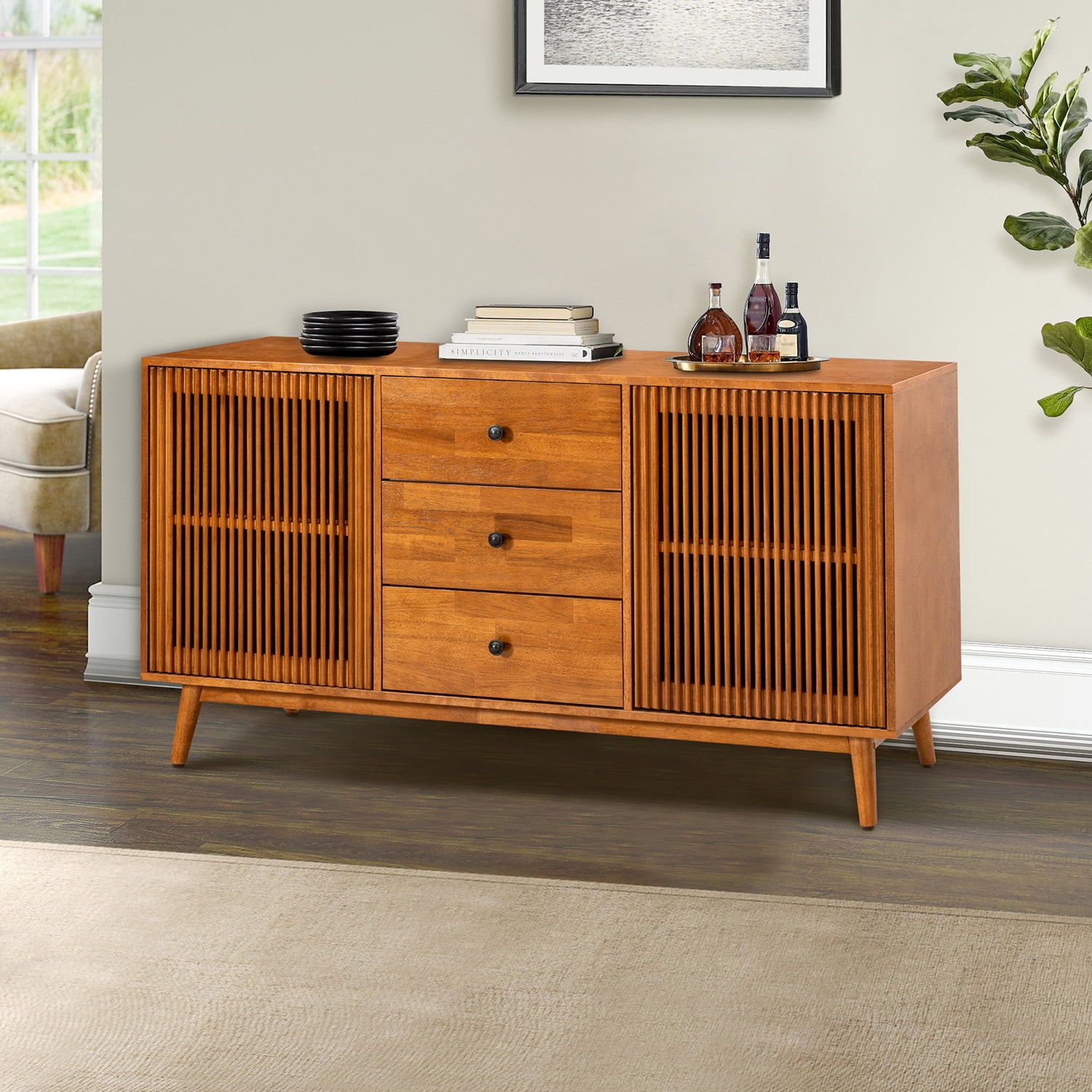 58'' Wide 3 Drawer Sideboard Wooden TV Stand 2 Slatted Doors Storage ...