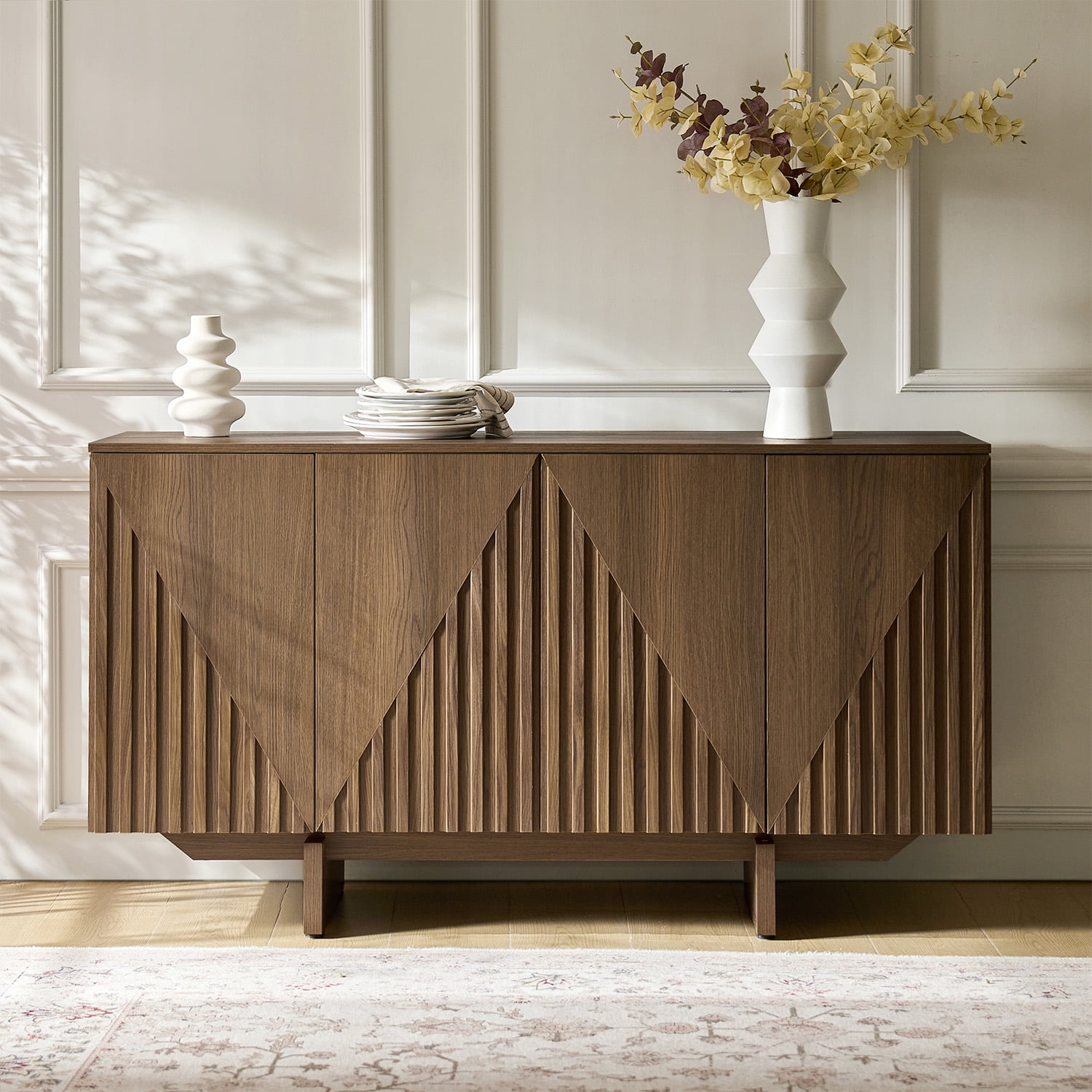Modern 4 doors Fluted Storge Sideboard Buffet Cabinet with Adjustable ...