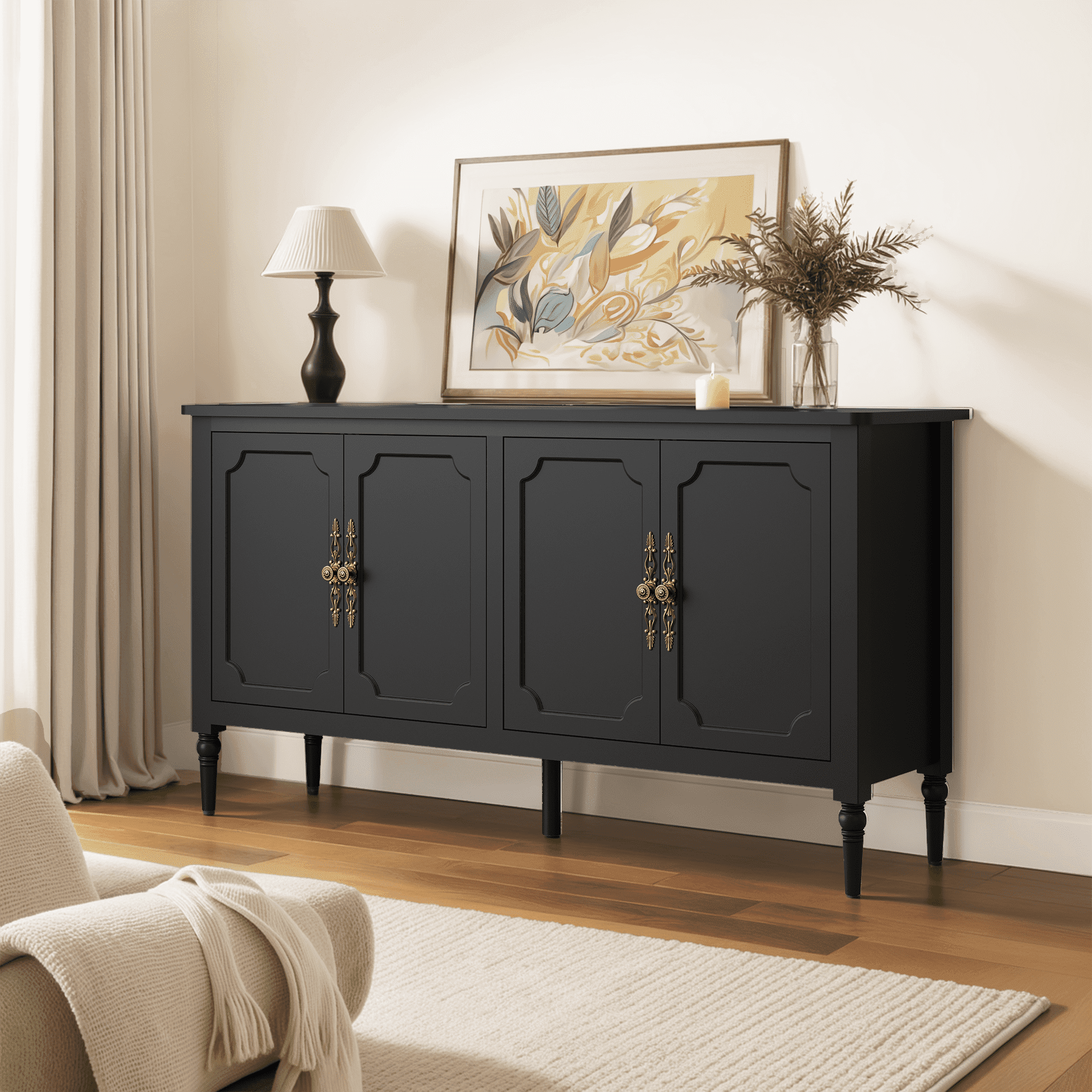 58" Wood Buffet Cabinet, Mid-Century Modern Console Cabinet, with 4 ...