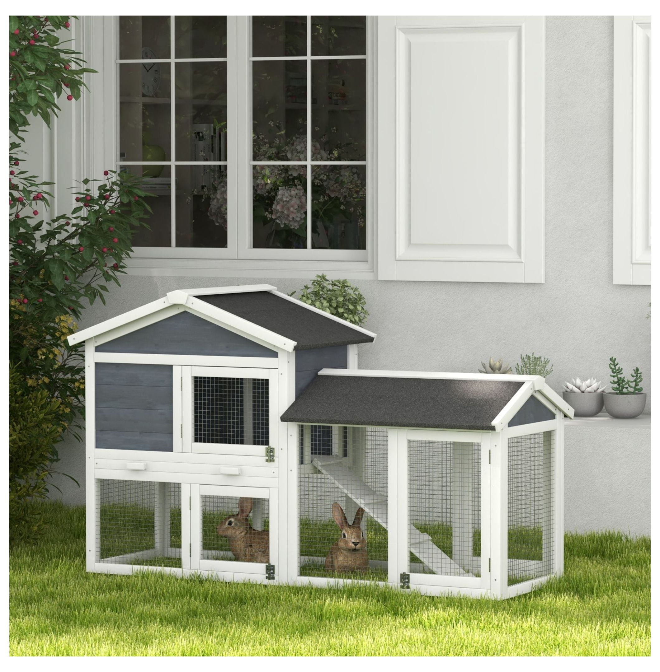 58" Wooden Rabbit Hutch with Run, Gray - 2 Story Indoor Outdoor Bunny ...