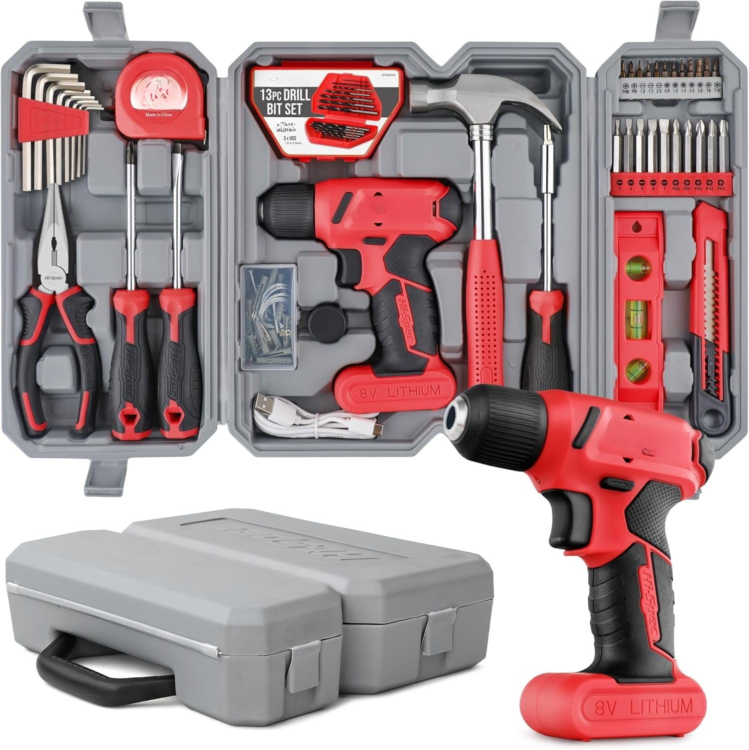 58 count Red 8V Power Cordless Drill Driver and DIY Tool Kit Set. Screw ...