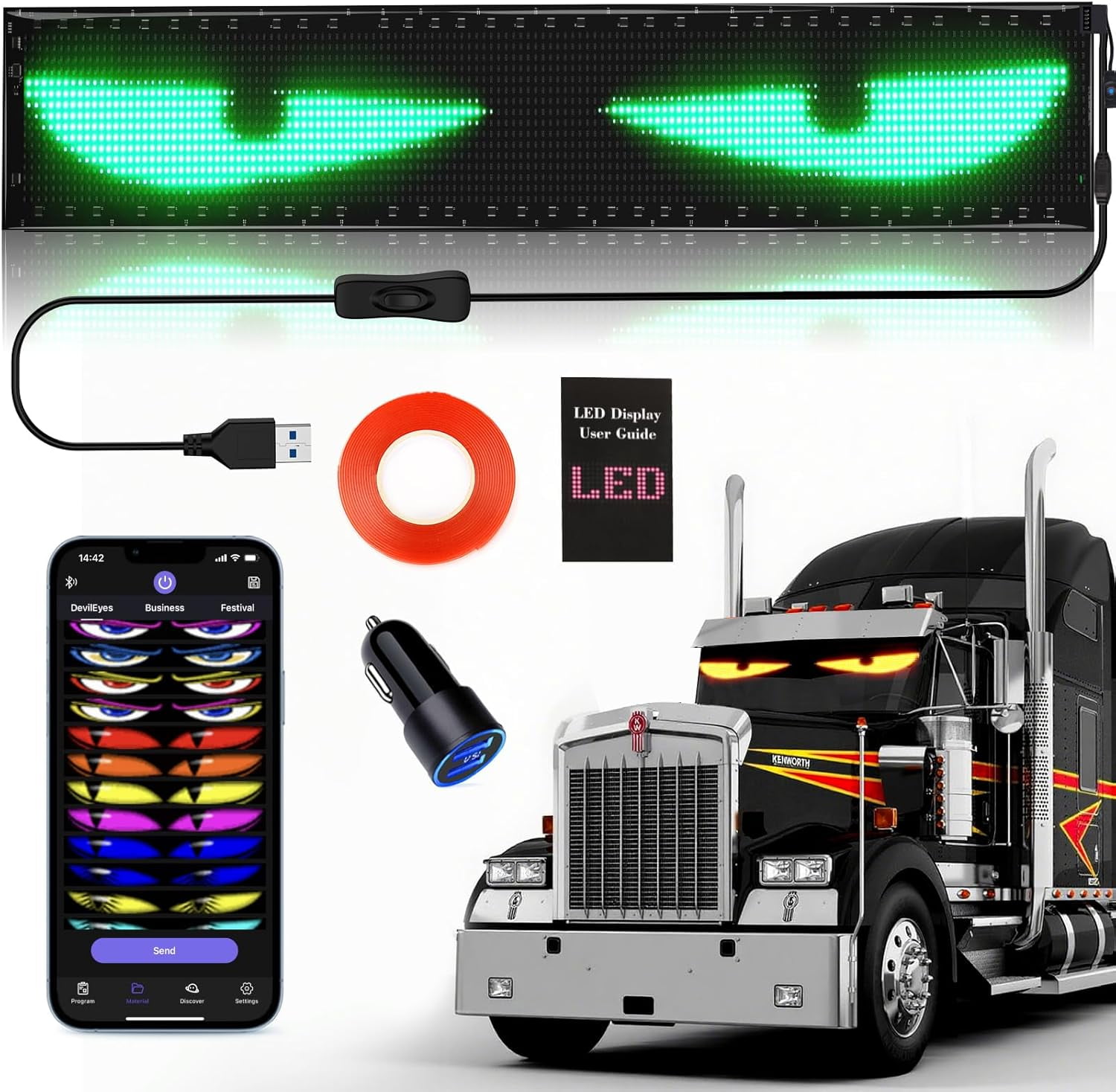 58"x8" Devil Eyes Light, Full Color Windshield Animated , Flexible ...