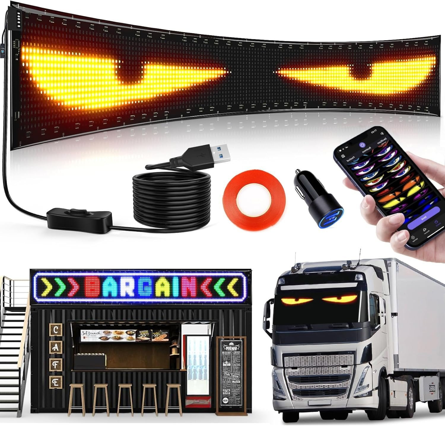 58"x8" Large Devil Eyes Light for Windshield, Full Color Eyes Animated ...