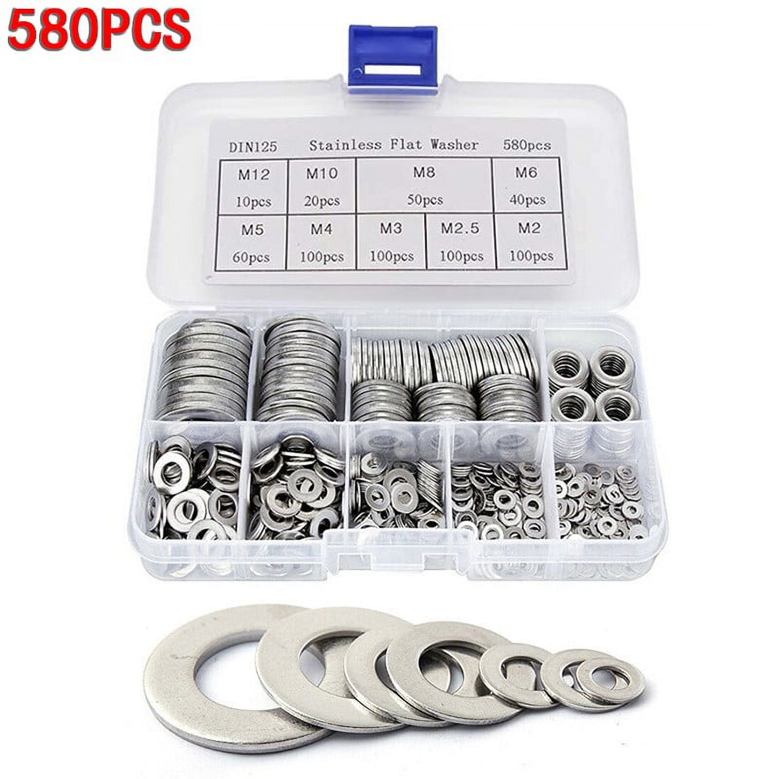580Pcs 304 Stainless Steel Flat Metal Washers Gasket Set Fastener M2 ...