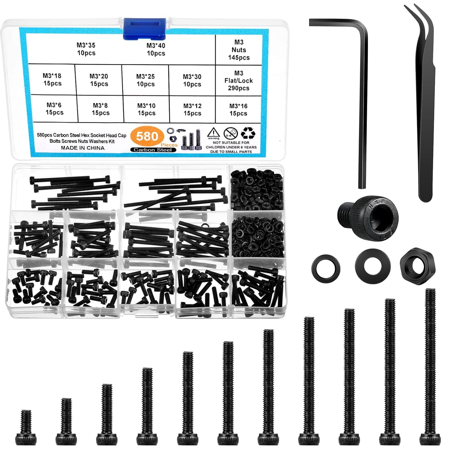 580PCS M3 Screws kit M3 Socket Head Cap Screw,6mm/8mm/10mm/12mm/16mm ...