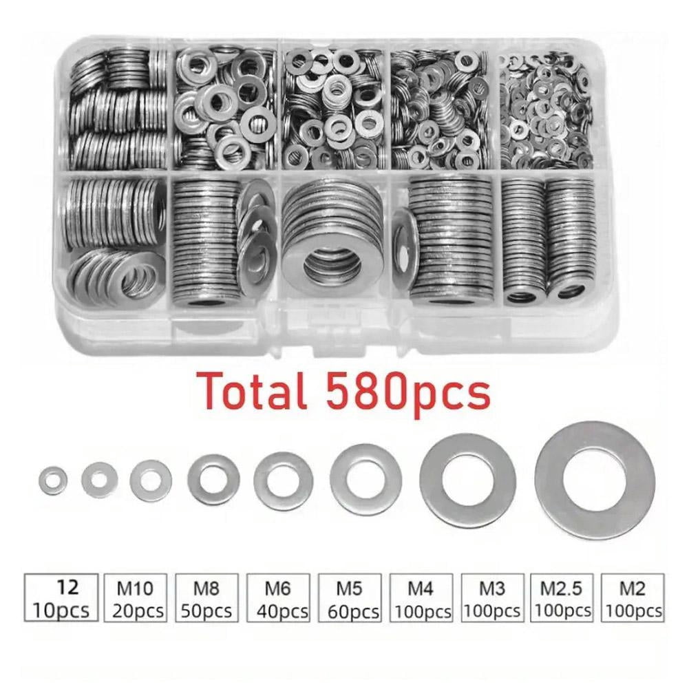 580pcs Flat Washer Assortment Kit, M2-12 Metal Washers, Stainless Steel ...