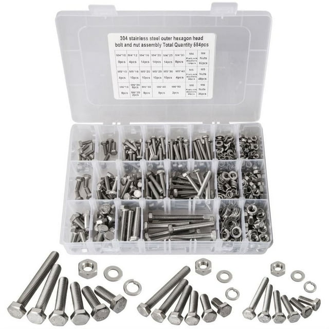 584pcs M4/M5/M6 Heavy Duty Flat Hex Head Screws Bolts and Nuts Kit, Metric 304 Stainless Steel ...