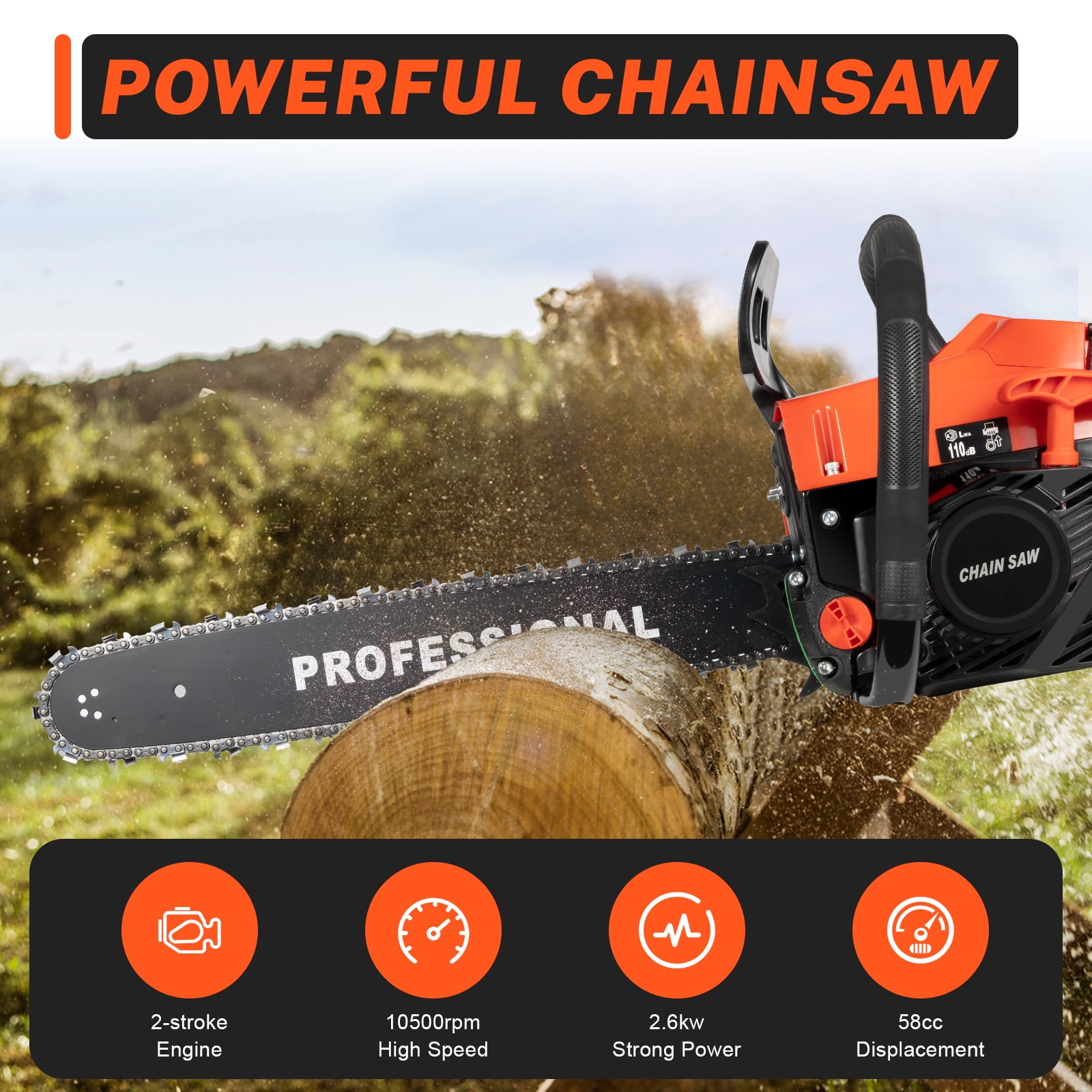 58CC Gas Chainsaws 2.6kw Air-cooled Chain Saws 2 Stroke Wood Cutting ...