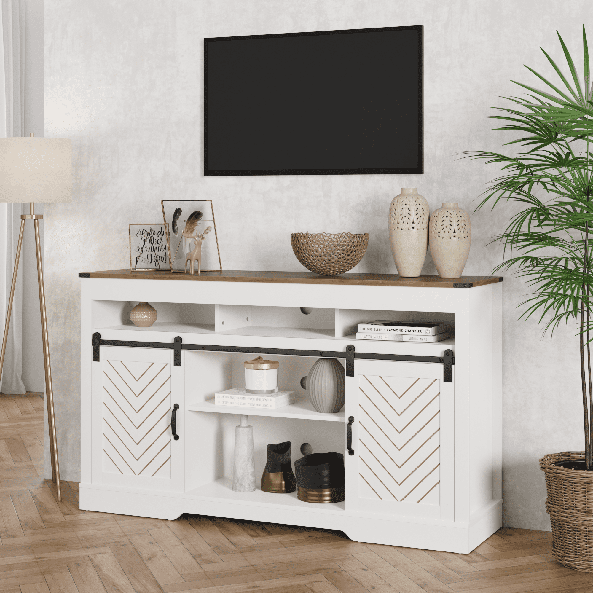 58Inch Farmhouse Double-Door Three-Layer TV Cabinet in White & Brown ...