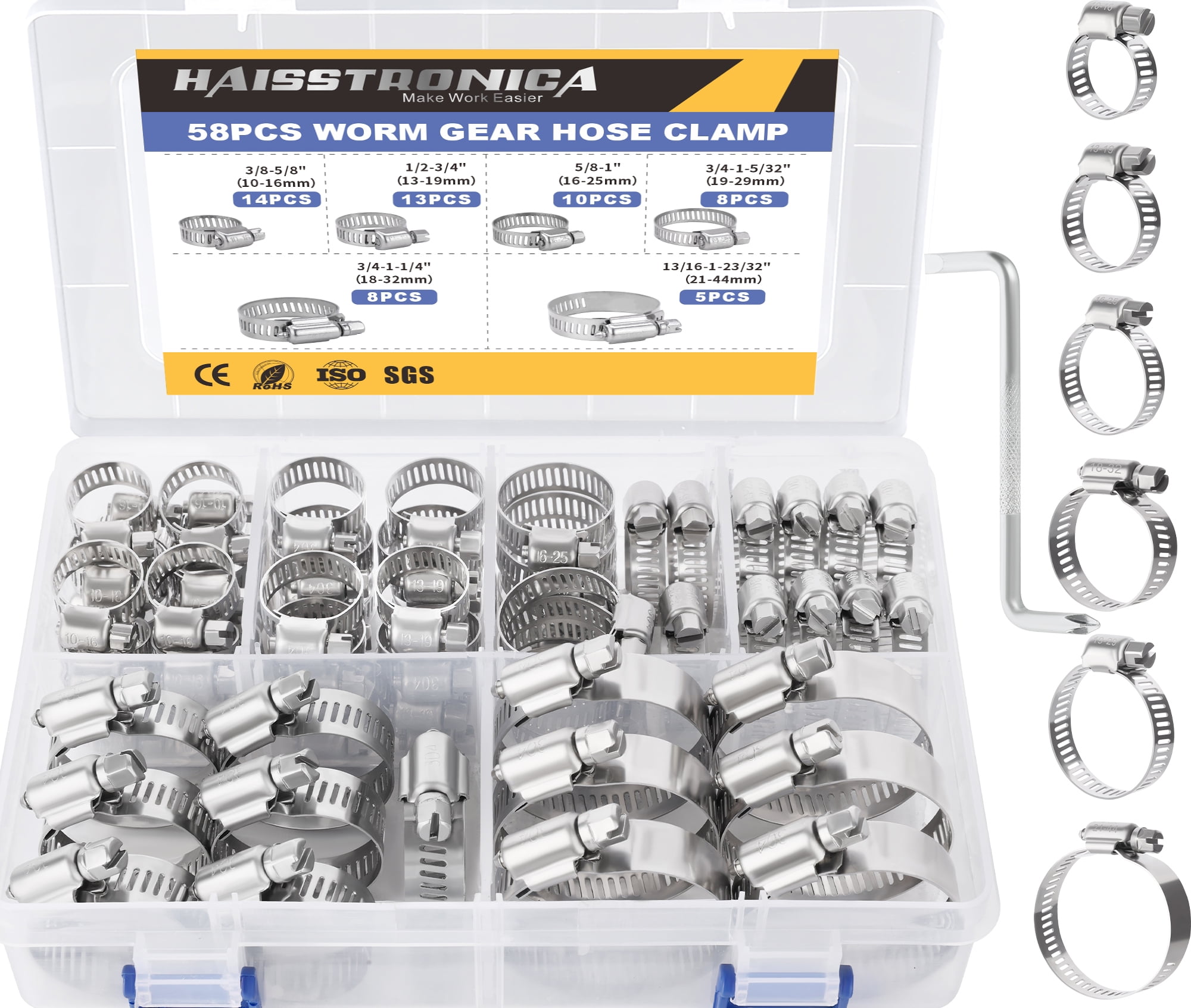 58Pcs Hose Clamps Kit,Adjustable Range 3/8"-1-23/32"(10-44mm),304 ...