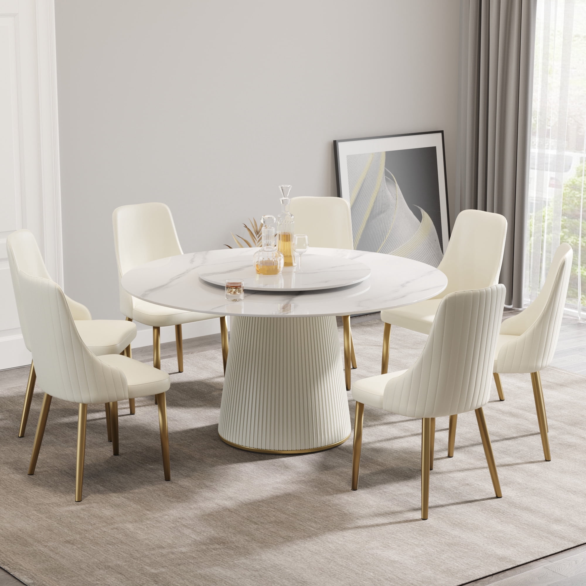59.05 "Modern white artificial stone round beige plywood PU base dining ...