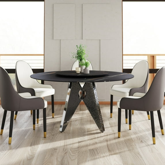 59.05" Round Dining Table | Family Dining with Rotating Disk, Black ...